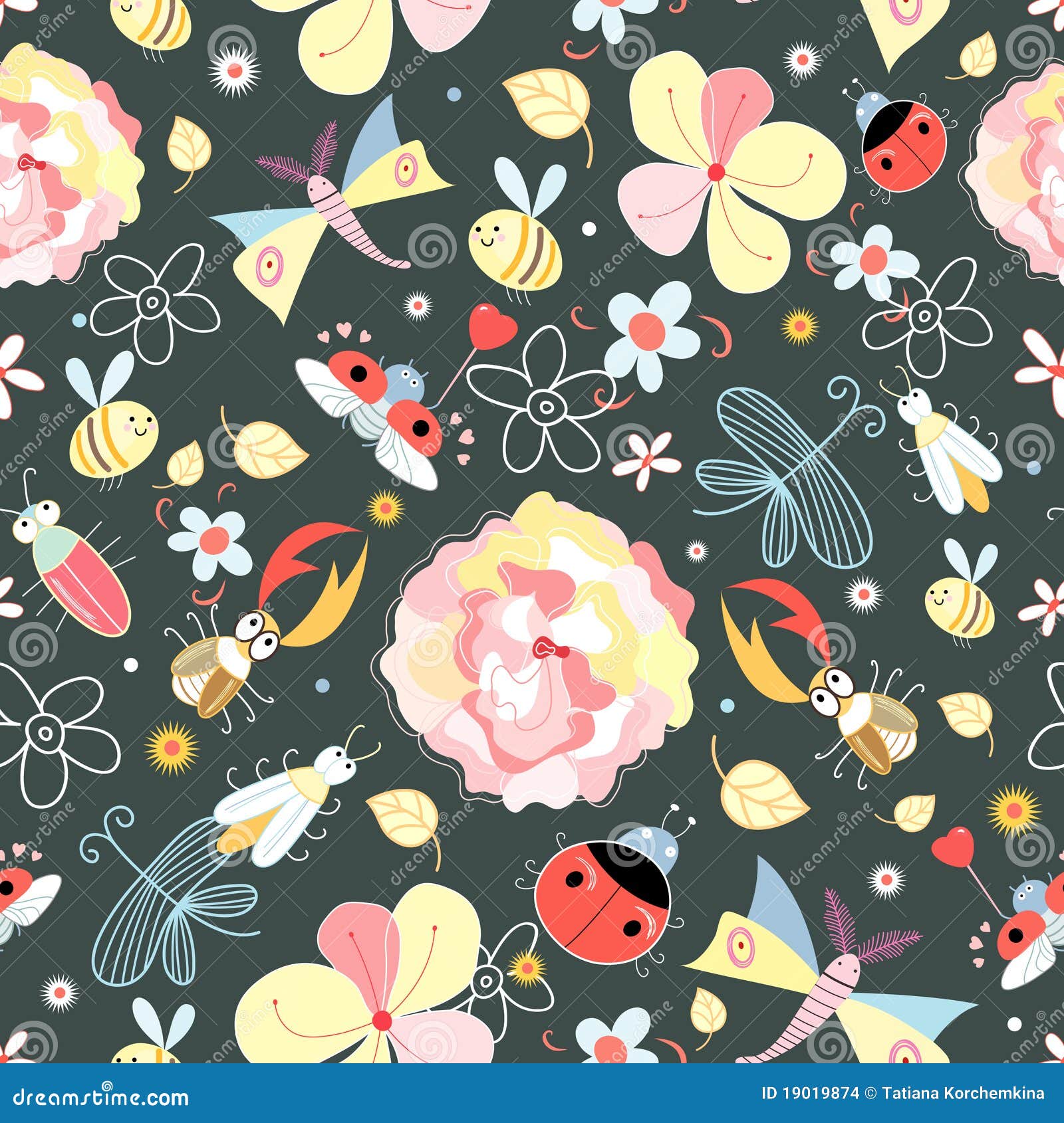 Floral Pattern with Insects Stock Illustration - Illustration of decor ...