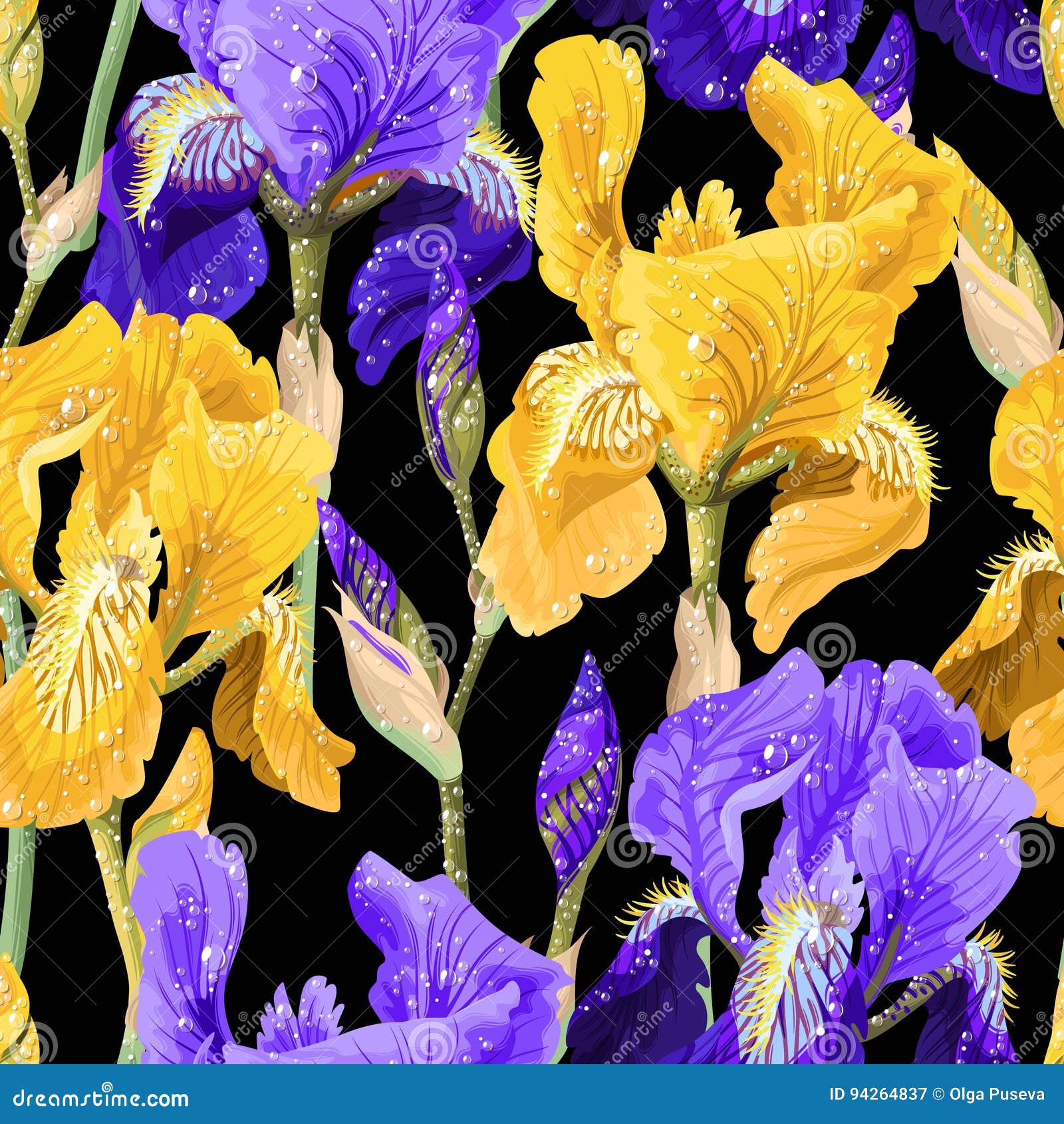 Floral Pattern with Iris Flowers Stock Vector - Illustration of droplet ...