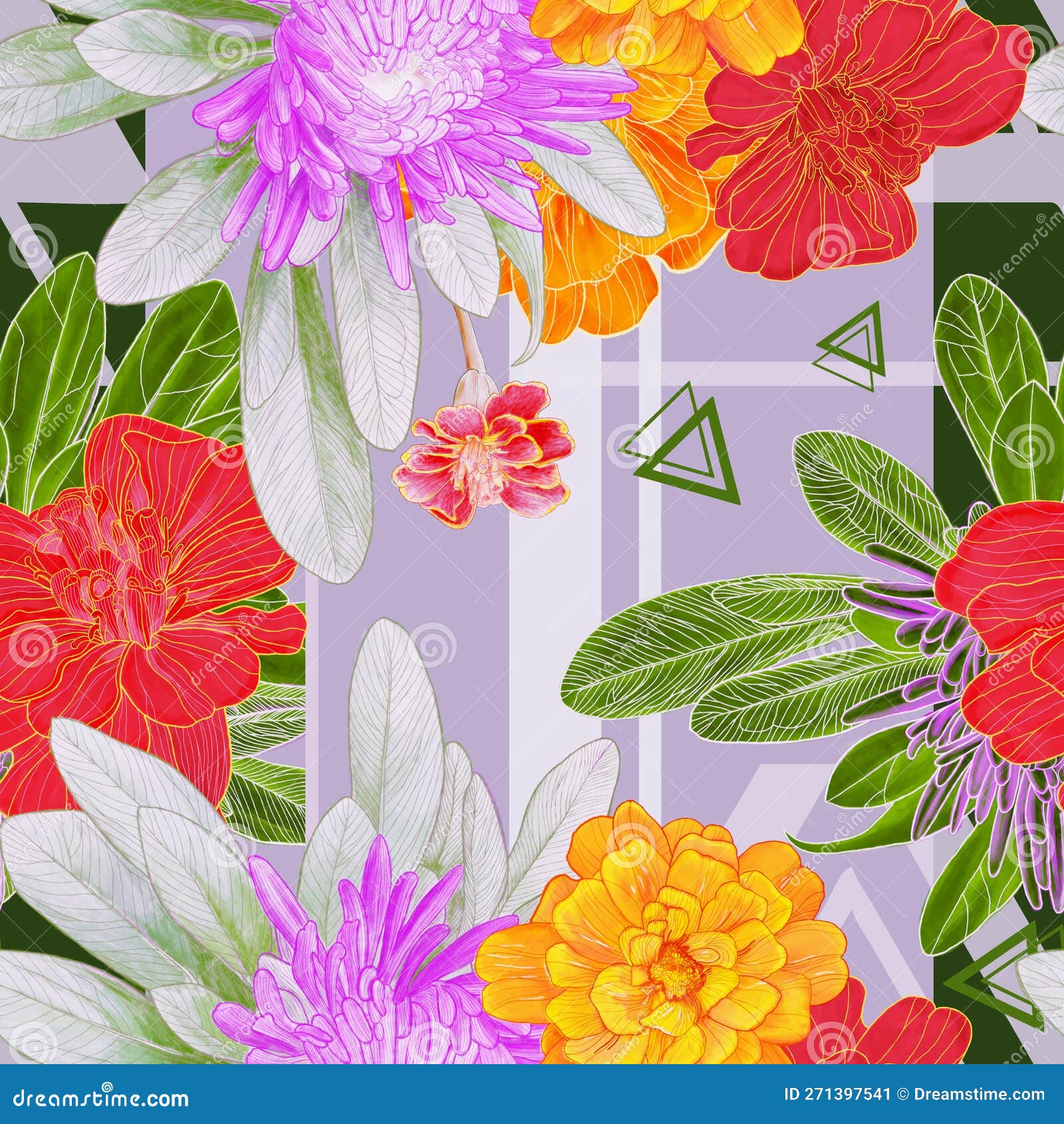 Floral Pattern of Marigold Asters on a Light Gray Background with ...