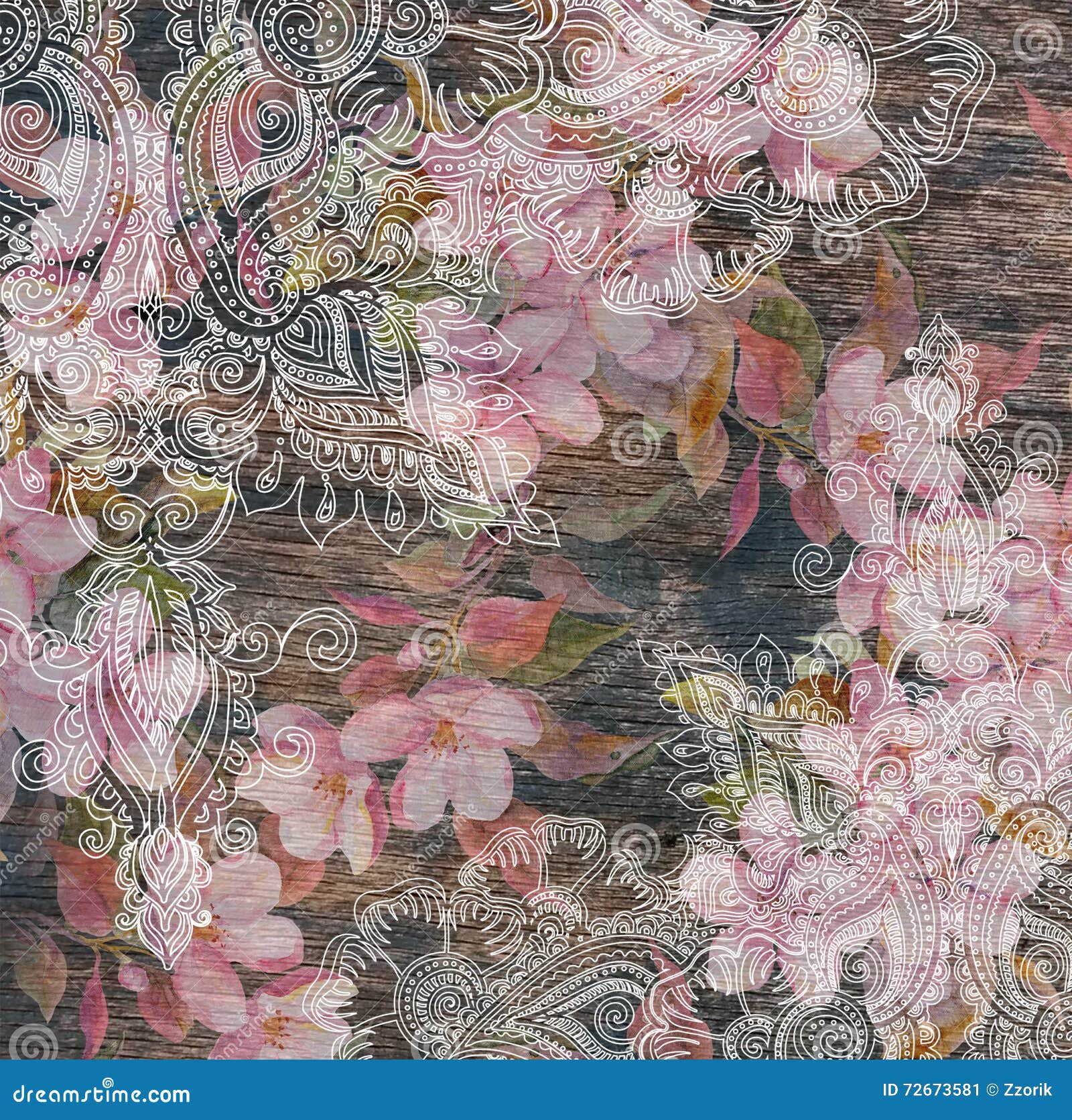 Floral Pattern - Pink Flowers, Eastern Ethnic Design, Wood Texture ...