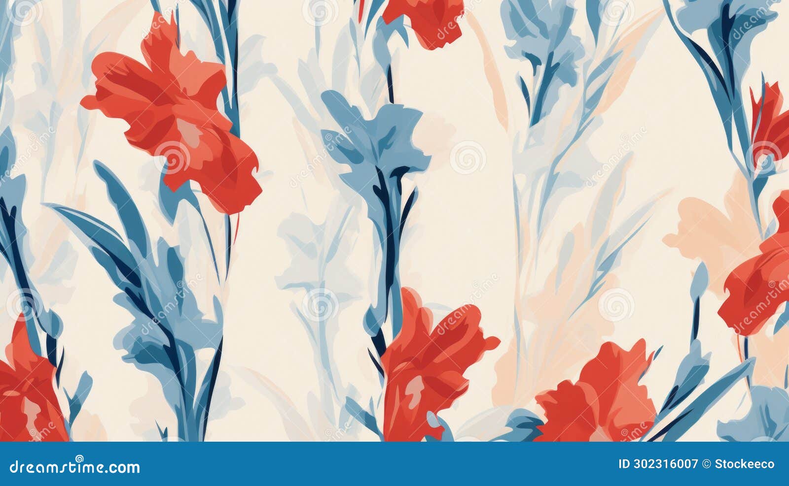 Floral Pattern with Red and Blue Flowers in Abstraction-creation Style ...