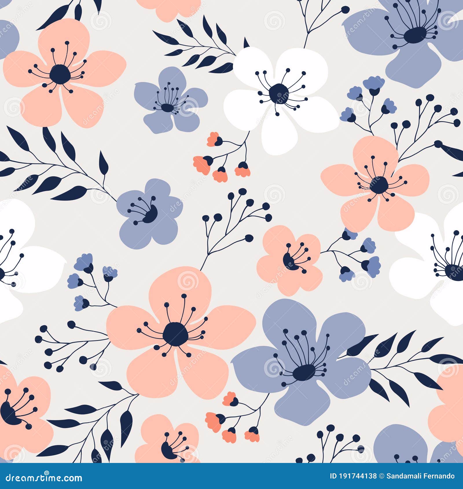 Navy Coral Floral Fabric Botanical Pattern Stock Illustration ...