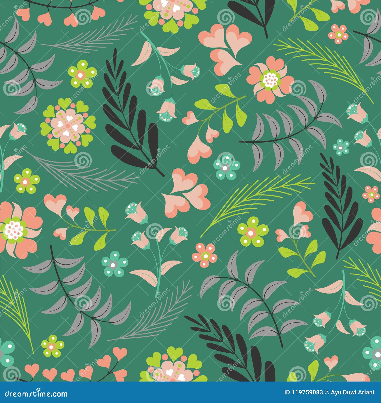 Floral Pattern Vector Design with Flowers on Dark Green Background ...