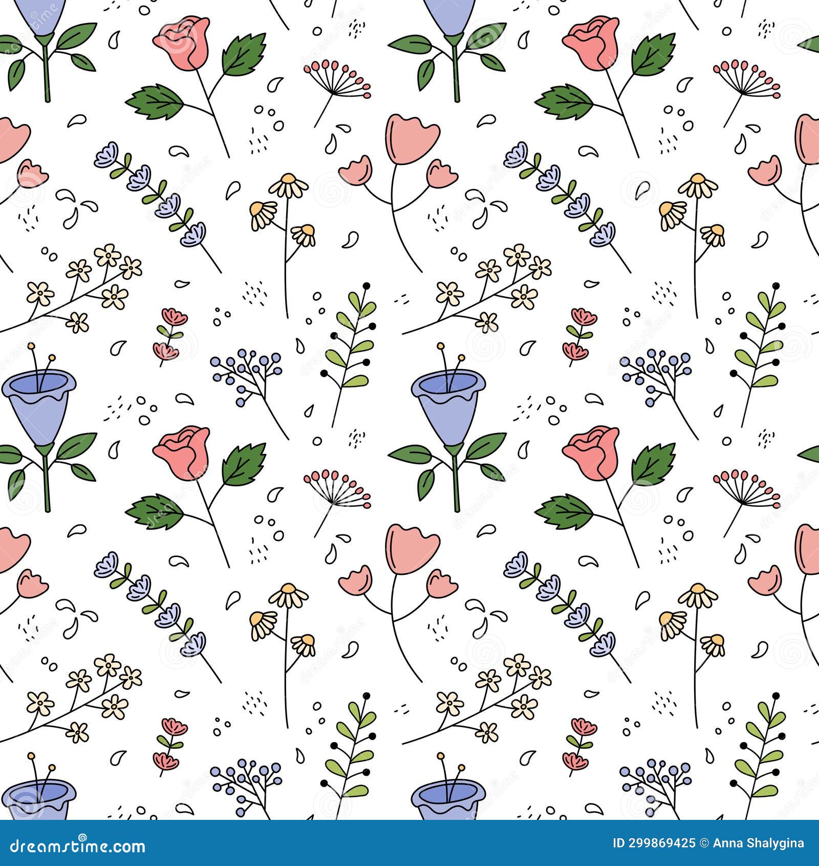Floral Pattern. White Vector Seamless Background with Cute Hand Drawn ...