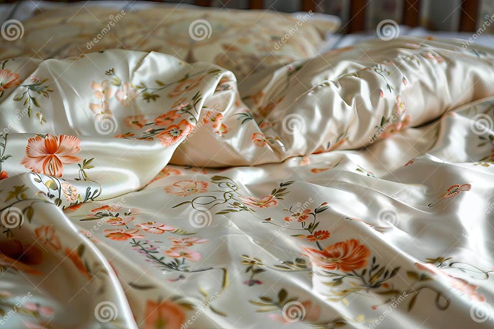 Floral Patterned White Satin Sheets Making Waves on King Size Bed Stock ...