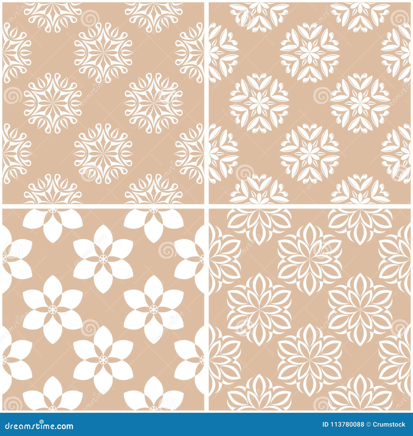 Floral Patterns. Set of Beige and White Seamless Backgrounds Stock ...