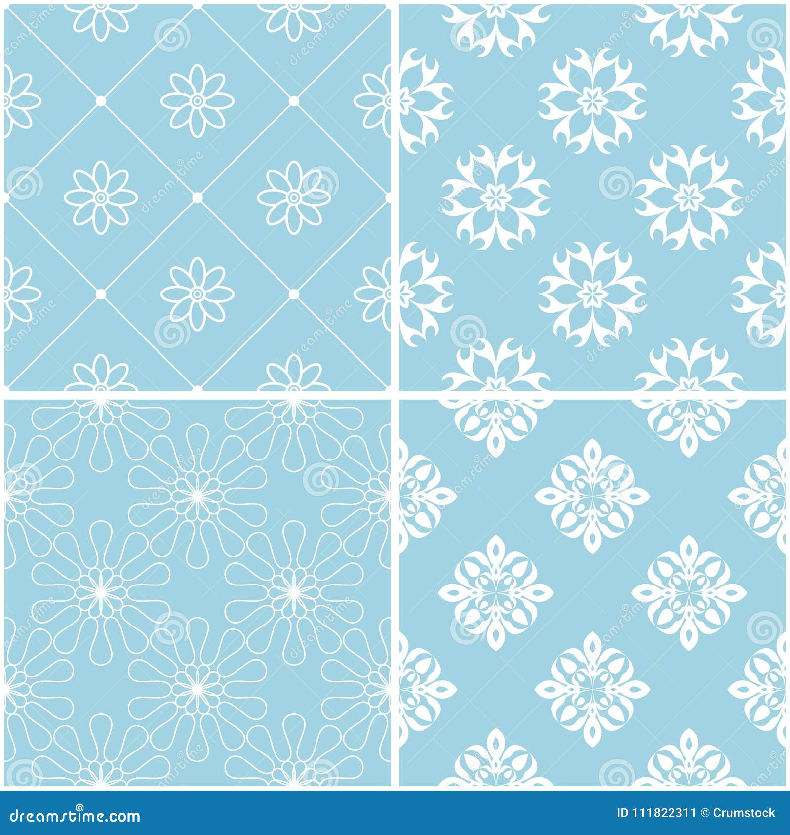 Floral Patterns. Set of Blue and White Seamless Backgrounds Stock ...