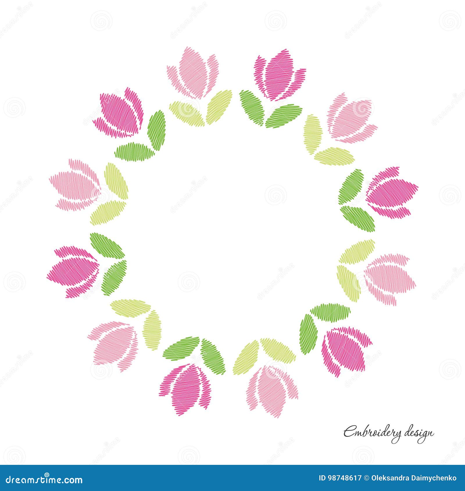 Floral Round Frame. Embroidered Tulips Isolated on White Stock Vector ...