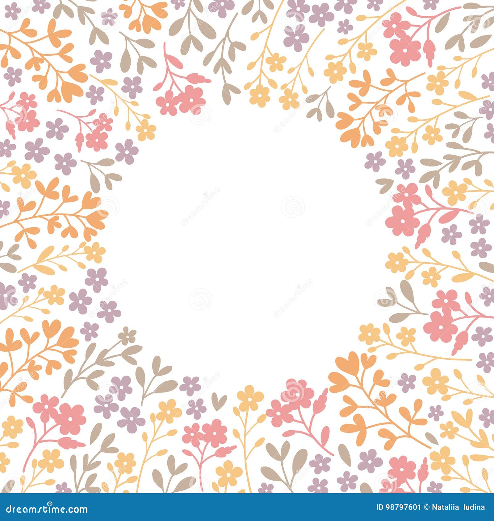 Floral Round Frame of Flowers on White Background. Vector Illustration ...