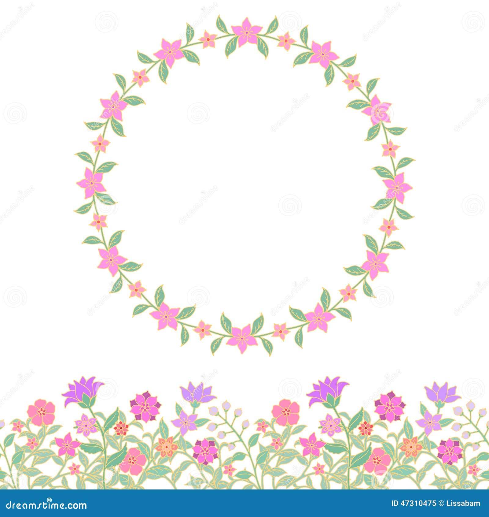 Floral Seamless Border and Round Frame Stock Vector - Illustration of ...