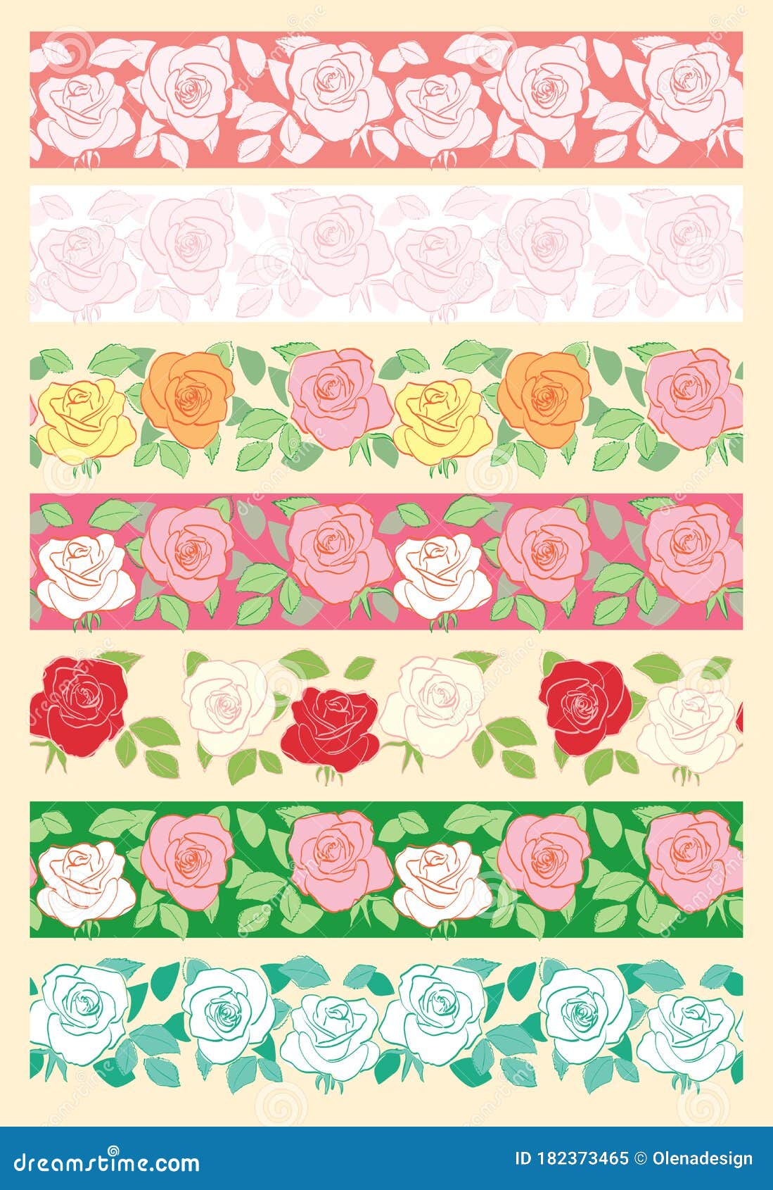 Floral Seamless Borders with Roses - Vector Set of Decorative Ornaments ...