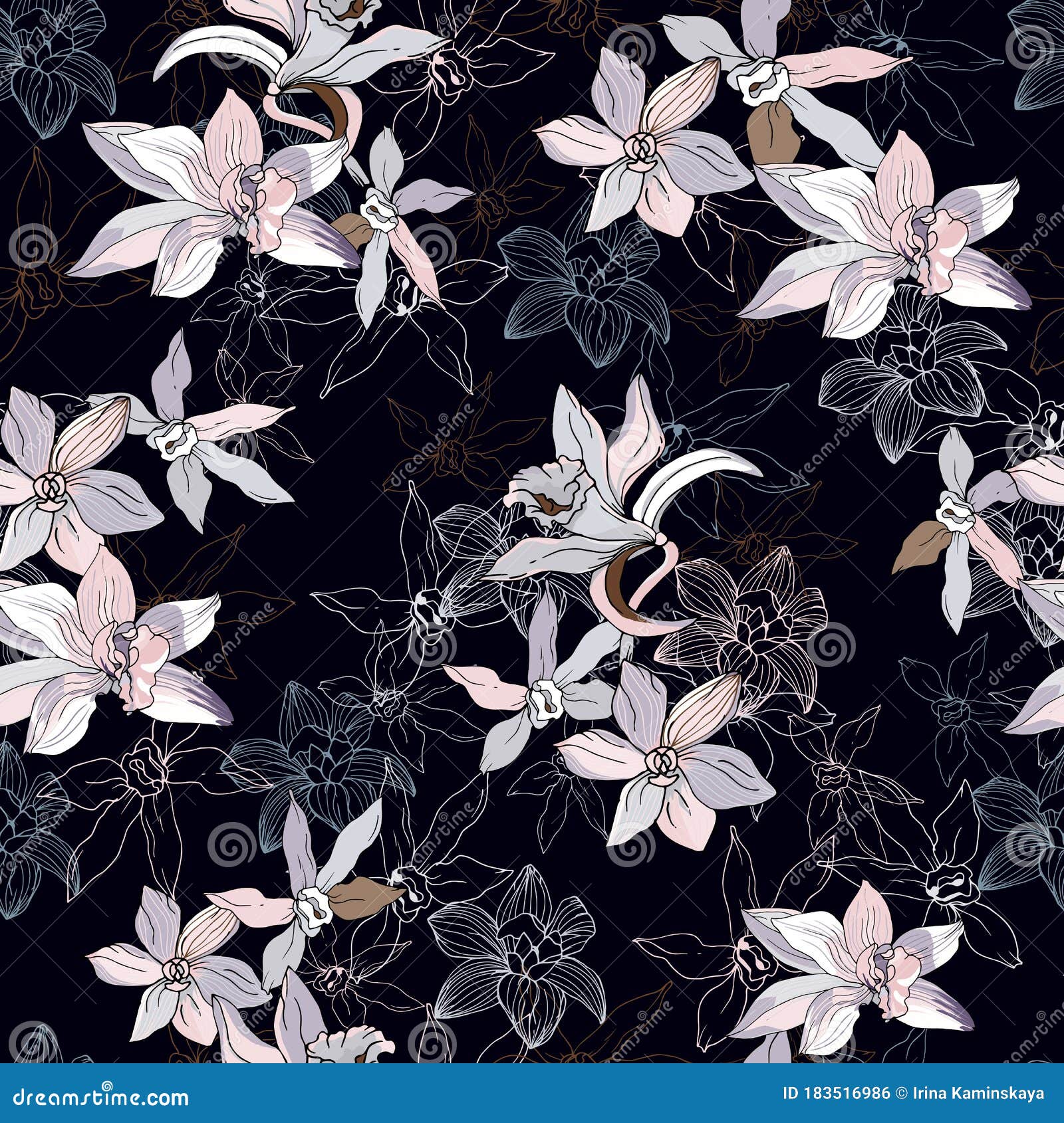 Floral Seamless Dark Pattern Delicate Pink Flowers On A Black