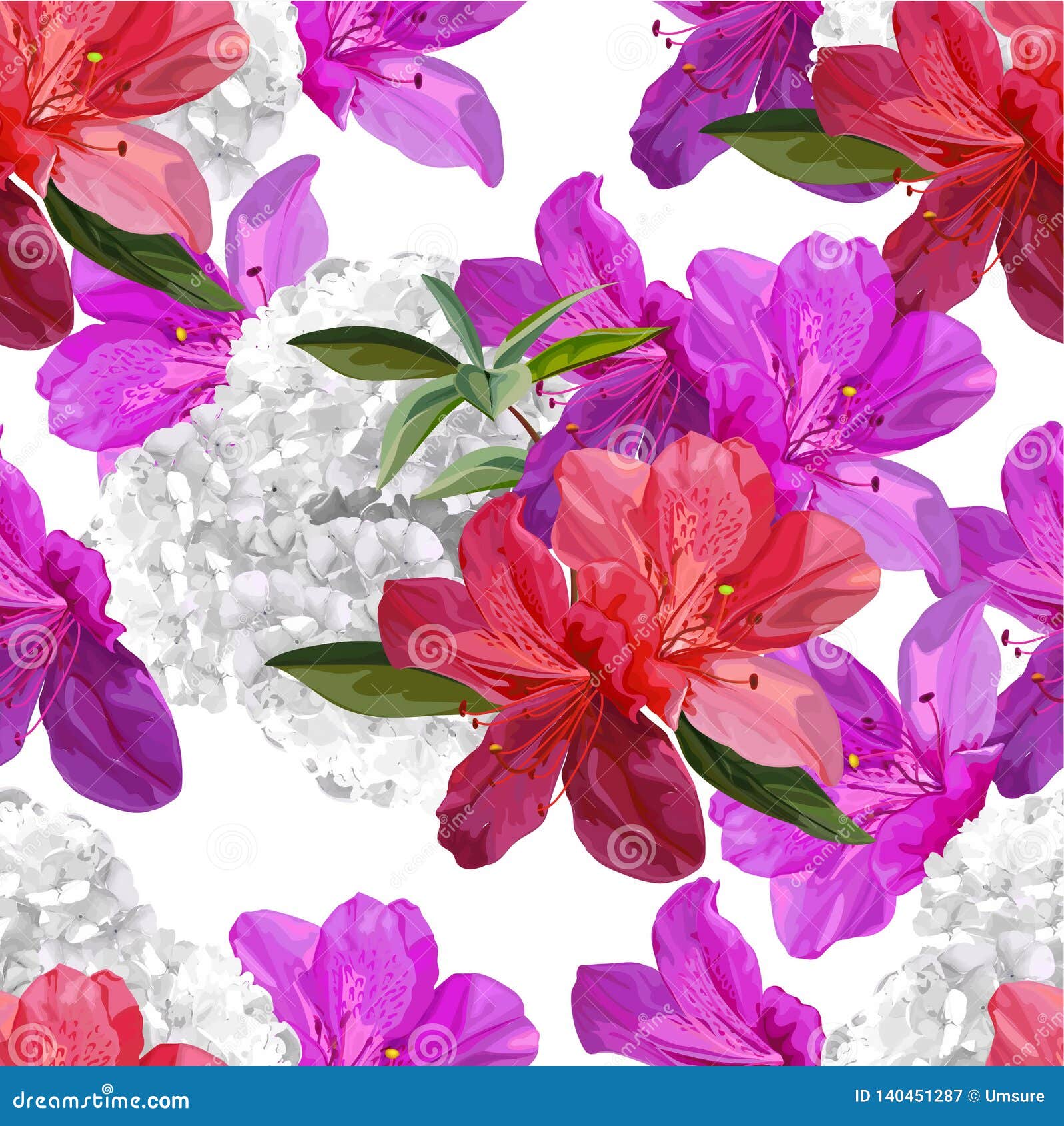 Floral Seamless Pattern with Azalea and Hydrangea Vector Illustration ...