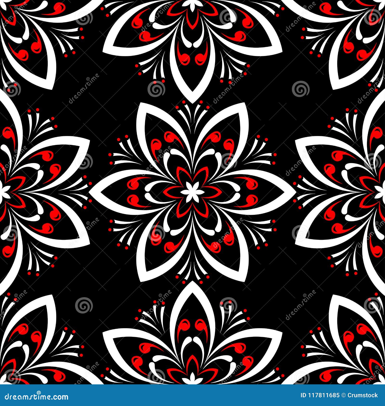 Floral Seamless Pattern. Black Red White Background Stock Vector ...