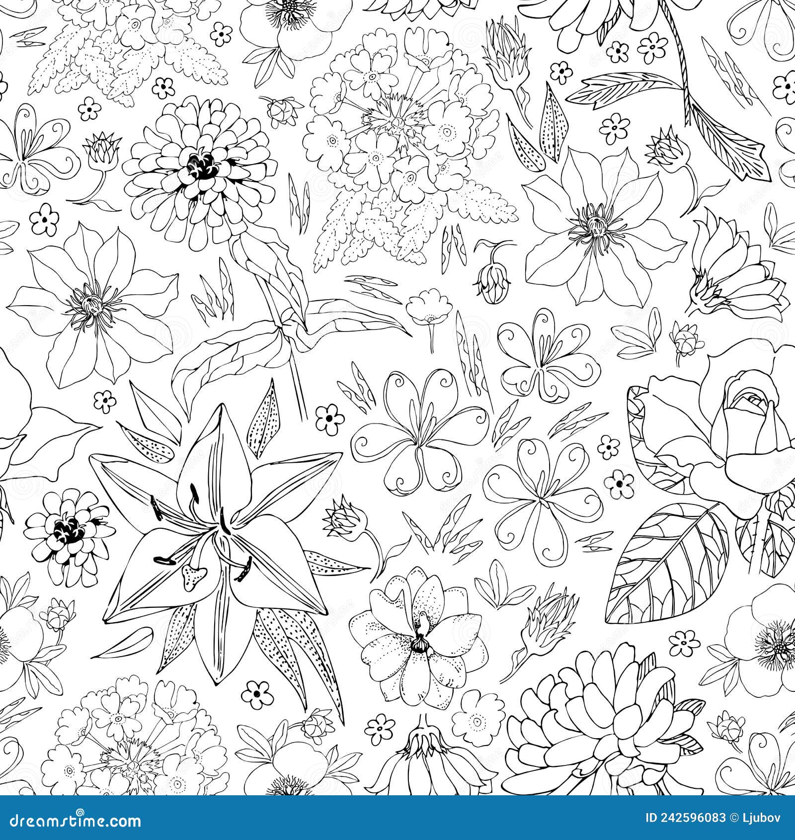 Floral Seamless Pattern with Different Hand Drawn Flowers and Leaves ...