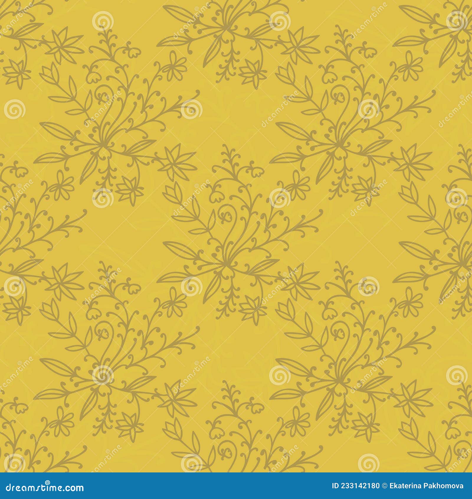 Curly Doodle Floral Damask Seamless Pattern with Branches, Flower and ...
