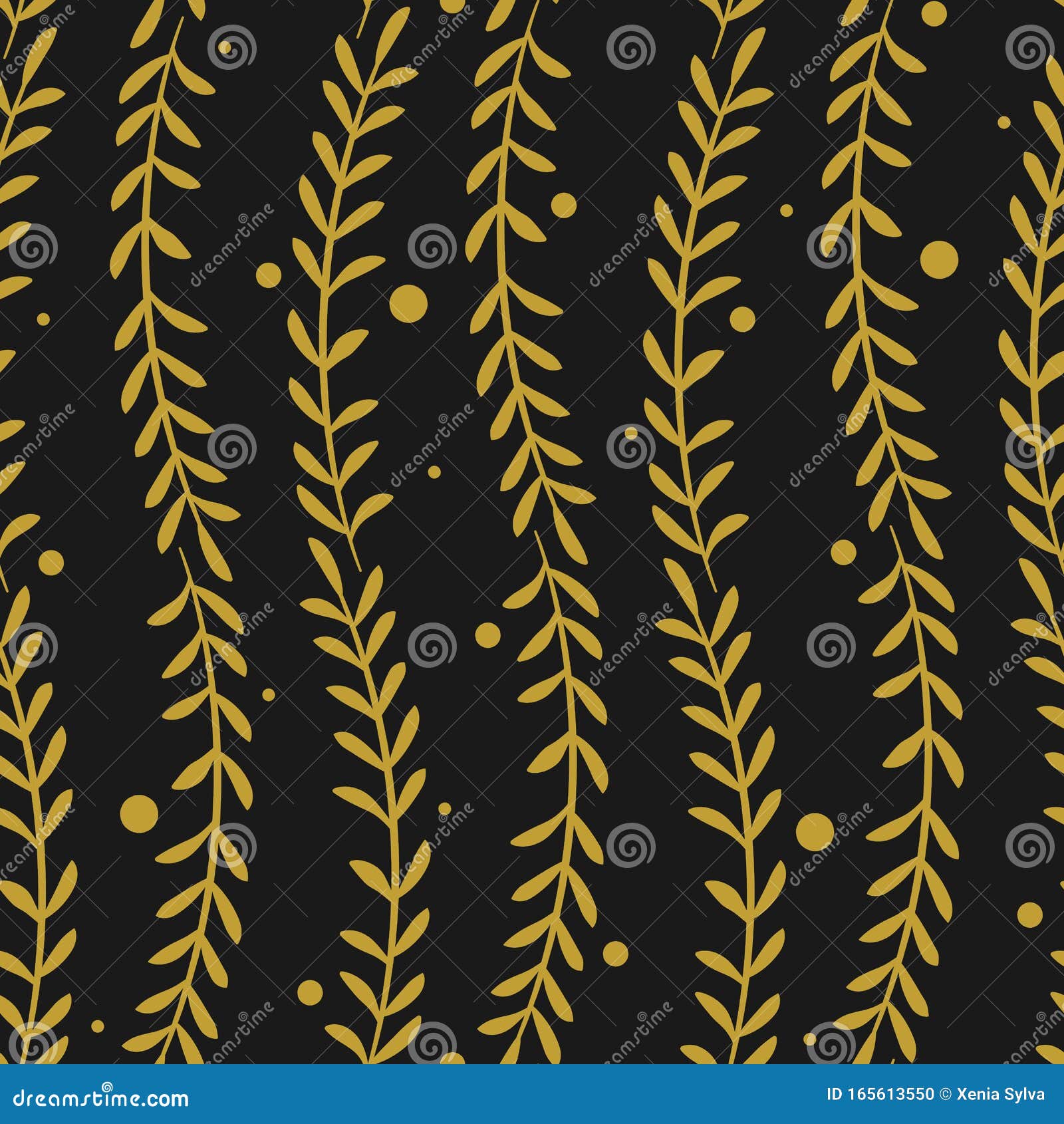 Floral Seamless Pattern with Golden Vertical Branches and Leaves; Black ...
