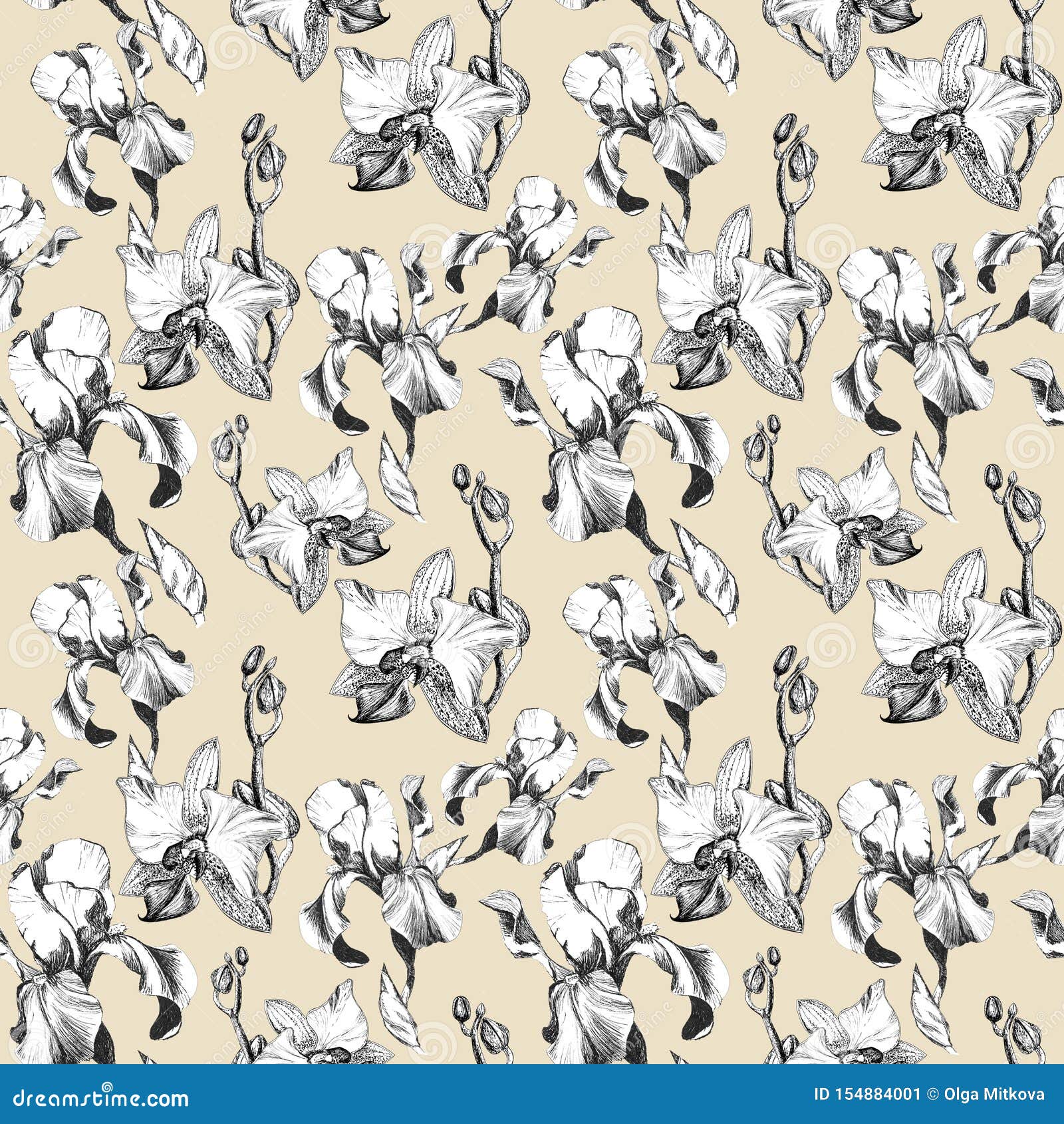 Floral Seamless Pattern with Hand Drawn Ink Iris and Orchid Flowers on ...