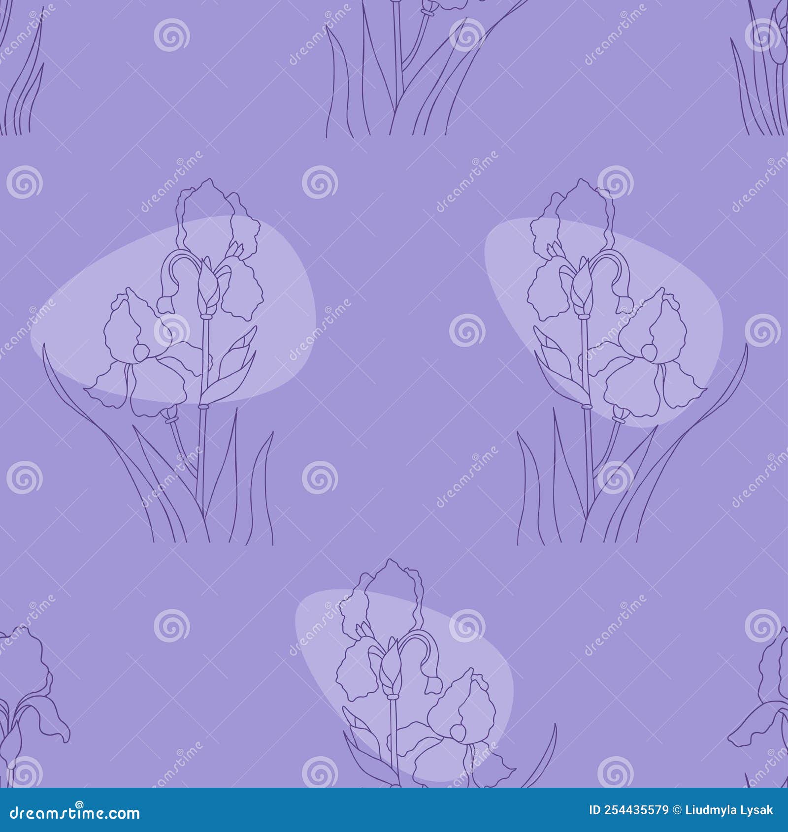 Floral Seamless Pattern with Iris Flower on Purple Background. Linear ...