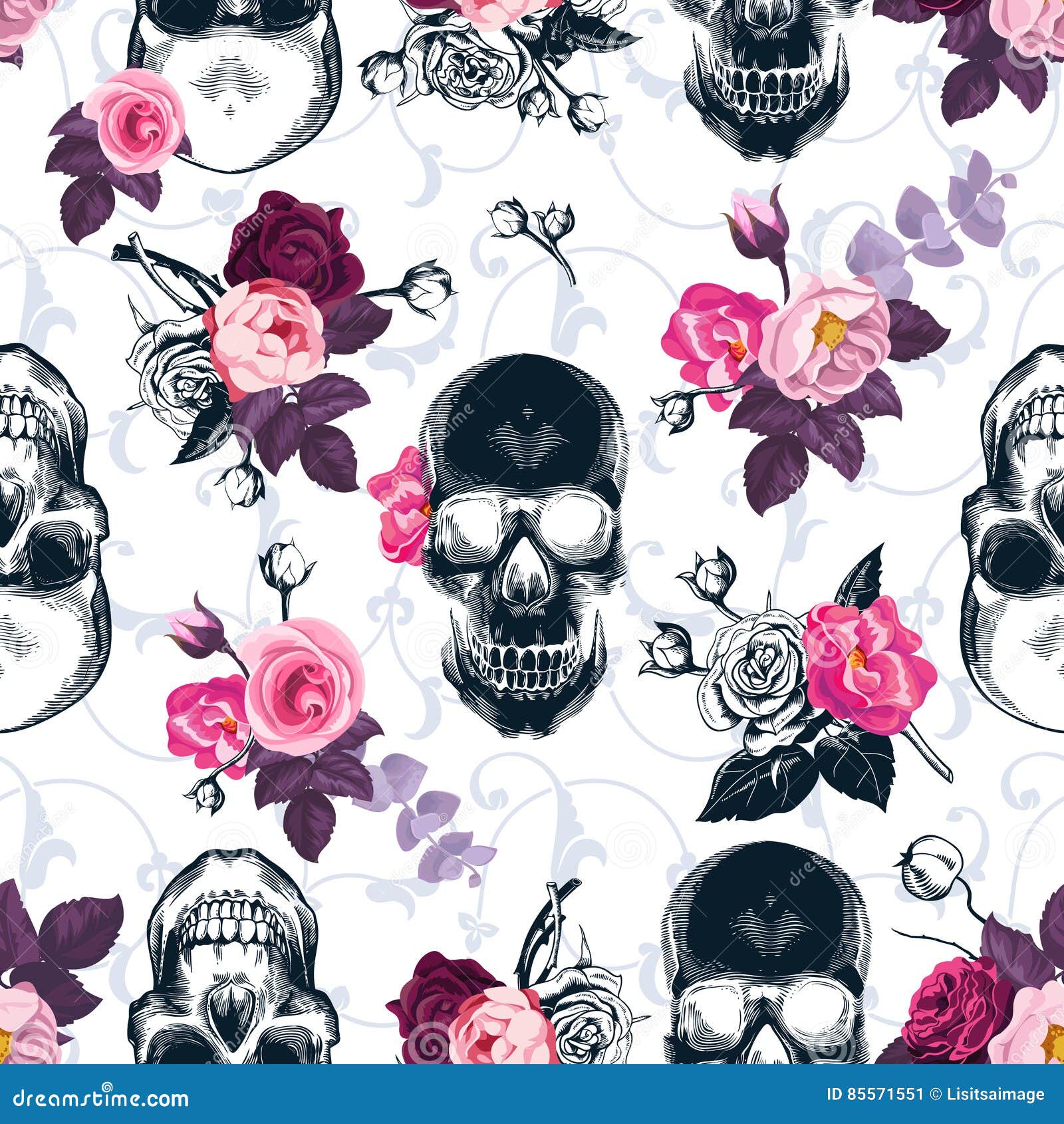 Floral Seamless Pattern With Monochrome Human Skulls Stock Vector