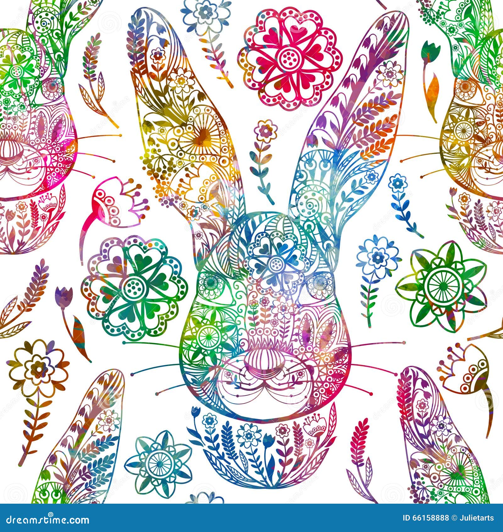 Floral Seamless Pattern with Ornamental Rabbit. Stock Illustration ...