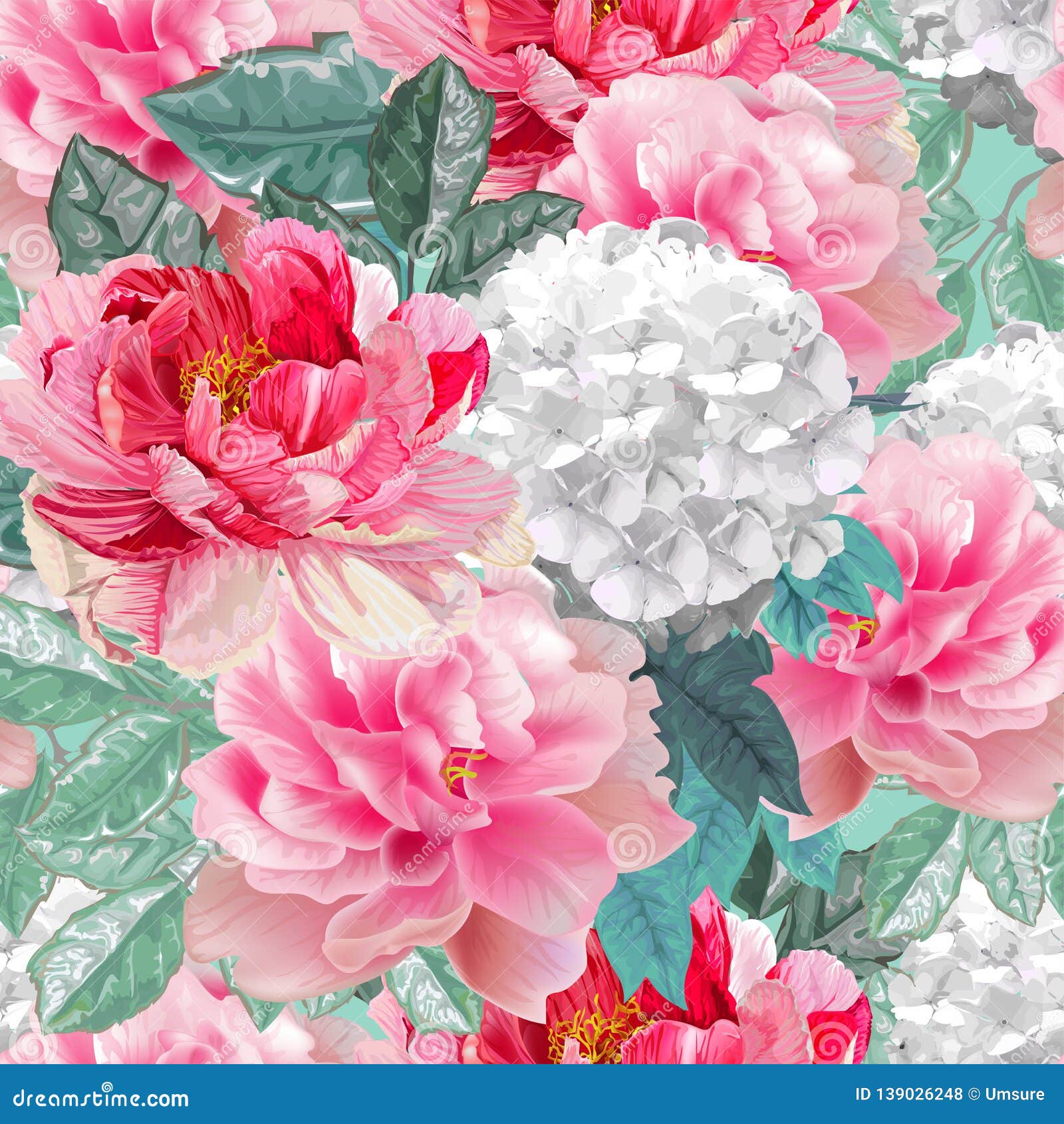 Floral Seamless Pattern,Peonies ,hydrangea and Leaves Stock Vector ...
