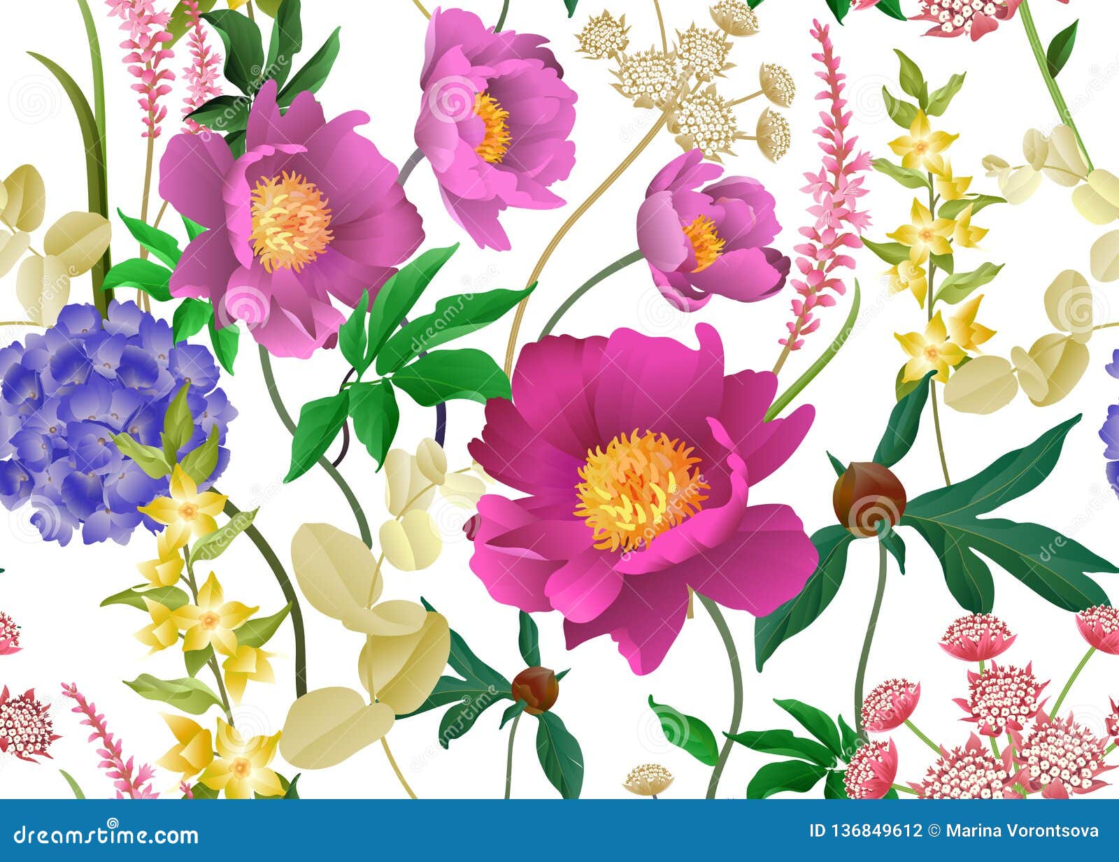 Floral Seamless Pattern. Peonies, Hydrangeas, Eucalyptus Branches ...