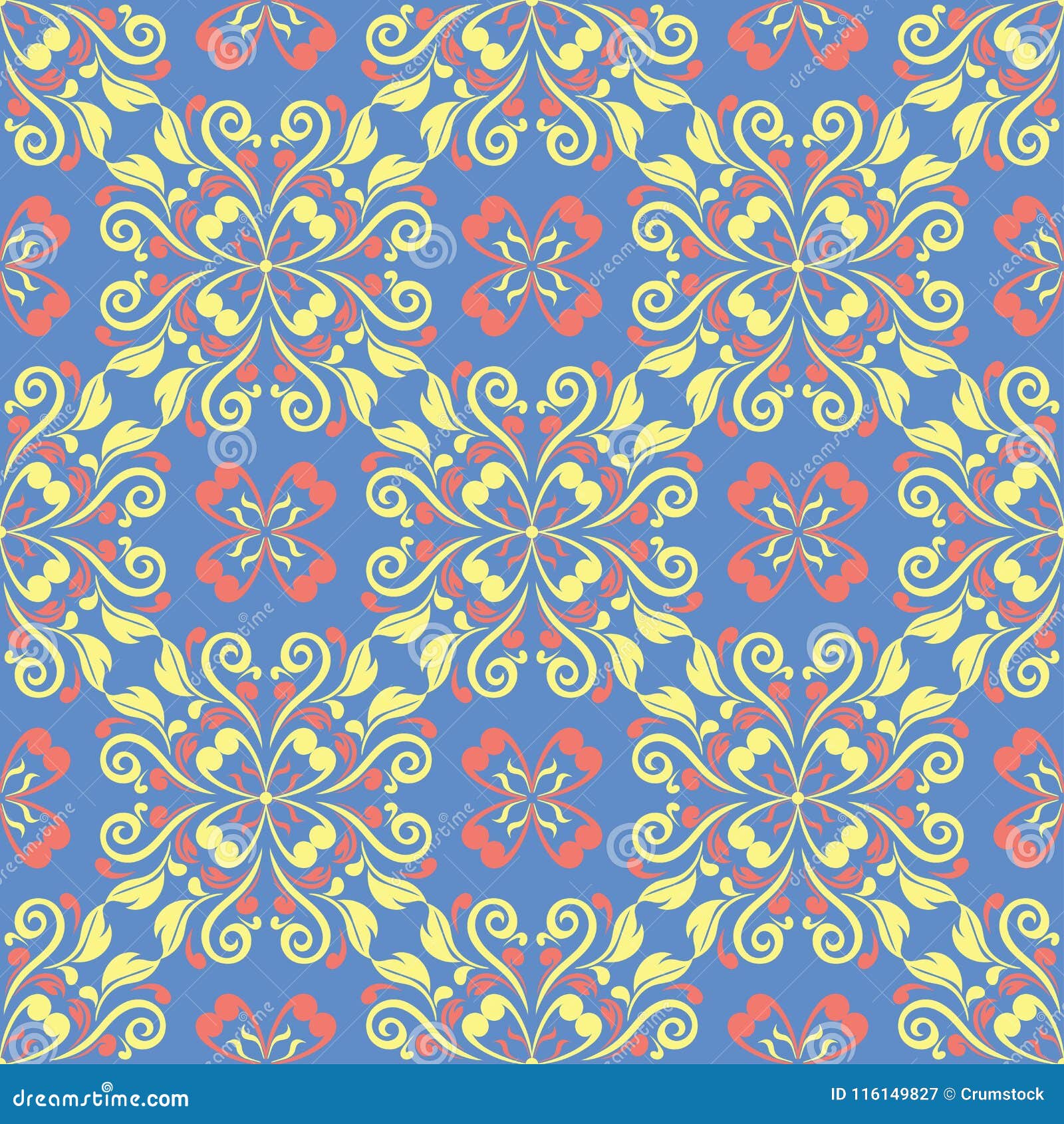 Floral Seamless Pattern. Red and Yellow Flower Elements on Blue ...