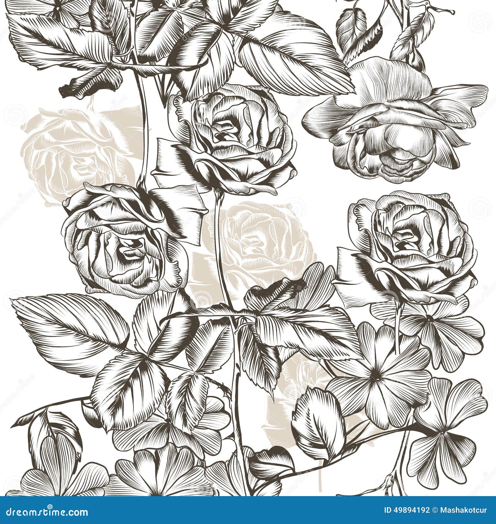 Floral Seamless Pattern with Roses in Engraved Style Stock Vector ...