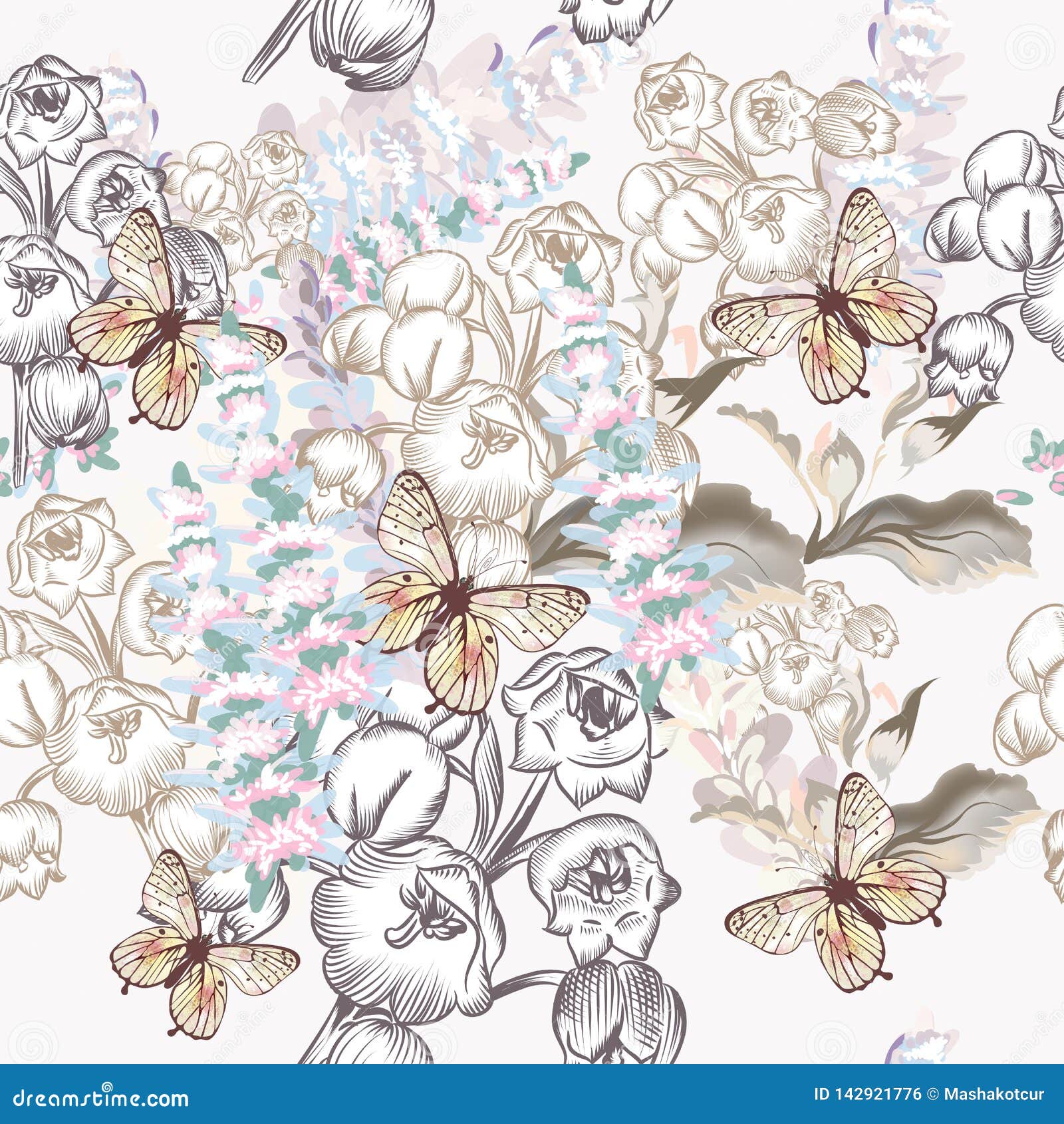 Floral Seamless Pattern with Spring May Flowers and Butterflies for ...