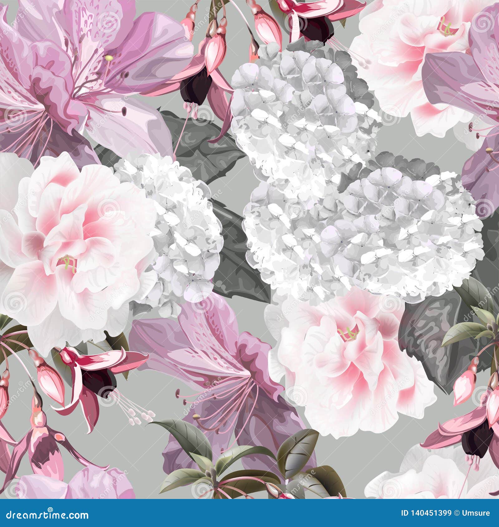 Floral Seamless Pattern Withfunchsia,hydrangea,azalea Vector ...
