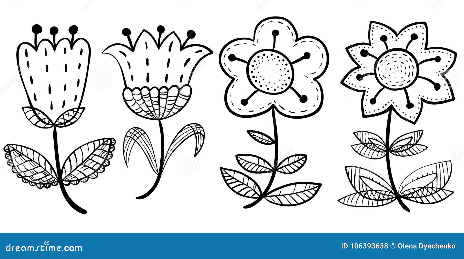 Floral Set in Doodle Style. Design Elements with Abstract Flowe Stock ...