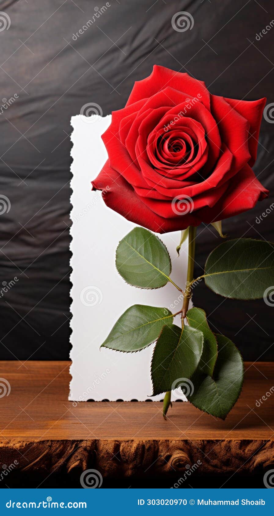 Floral Simplicity Red Rose with White Paper on Rustic Tabletop Stock ...
