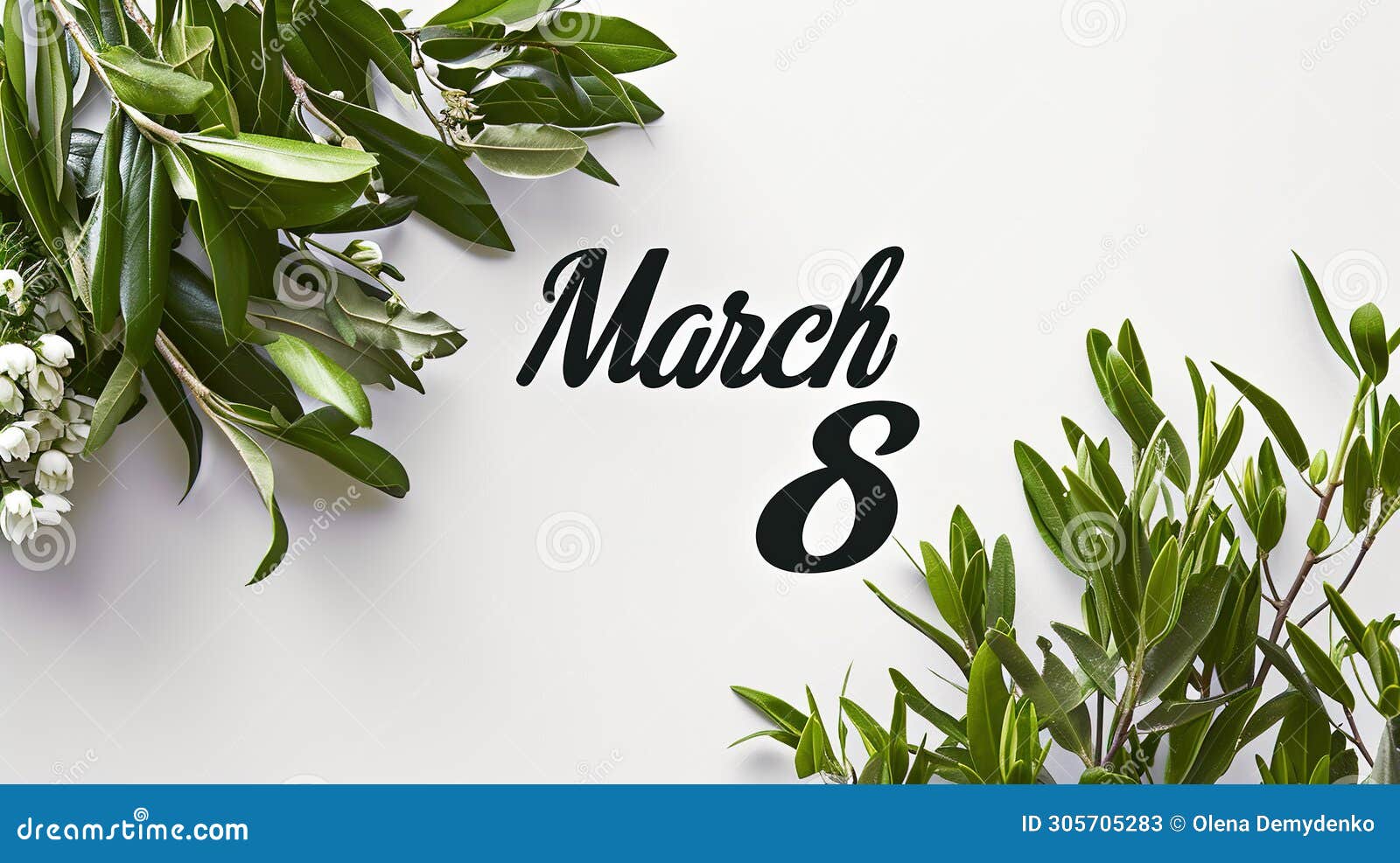 Floral Spring Frame of Bright Green Decorative Leaves and White Flowers ...