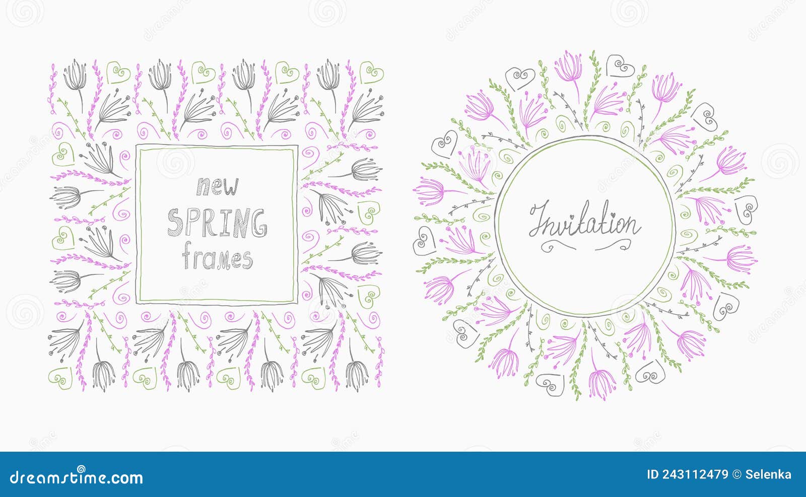 Floral Spring Frames Set, Linear Graphic Frames Decorated Flowers Stock ...