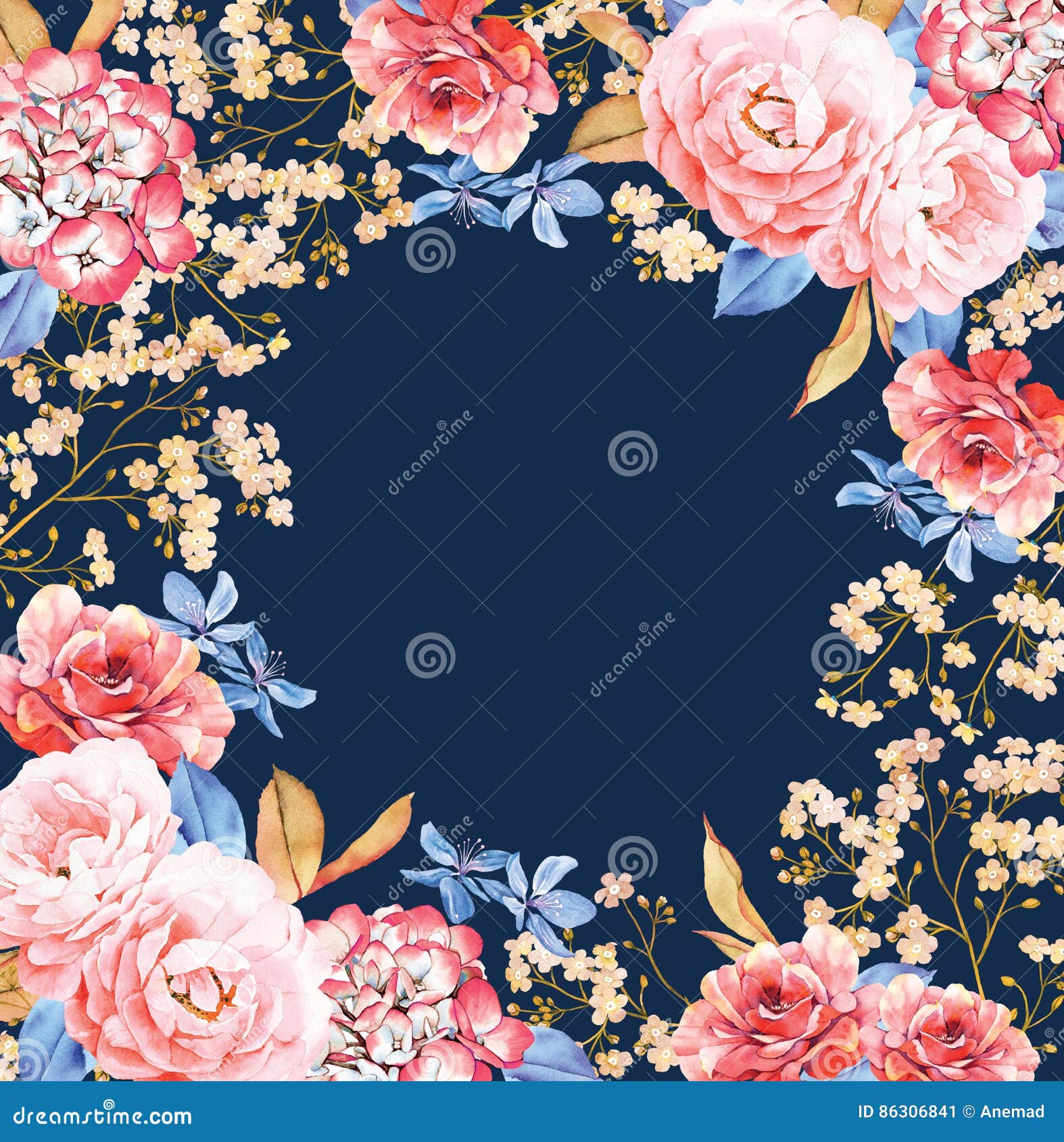 Floral Square Background Frame on Dark Blue. Invitation Template Stock ...