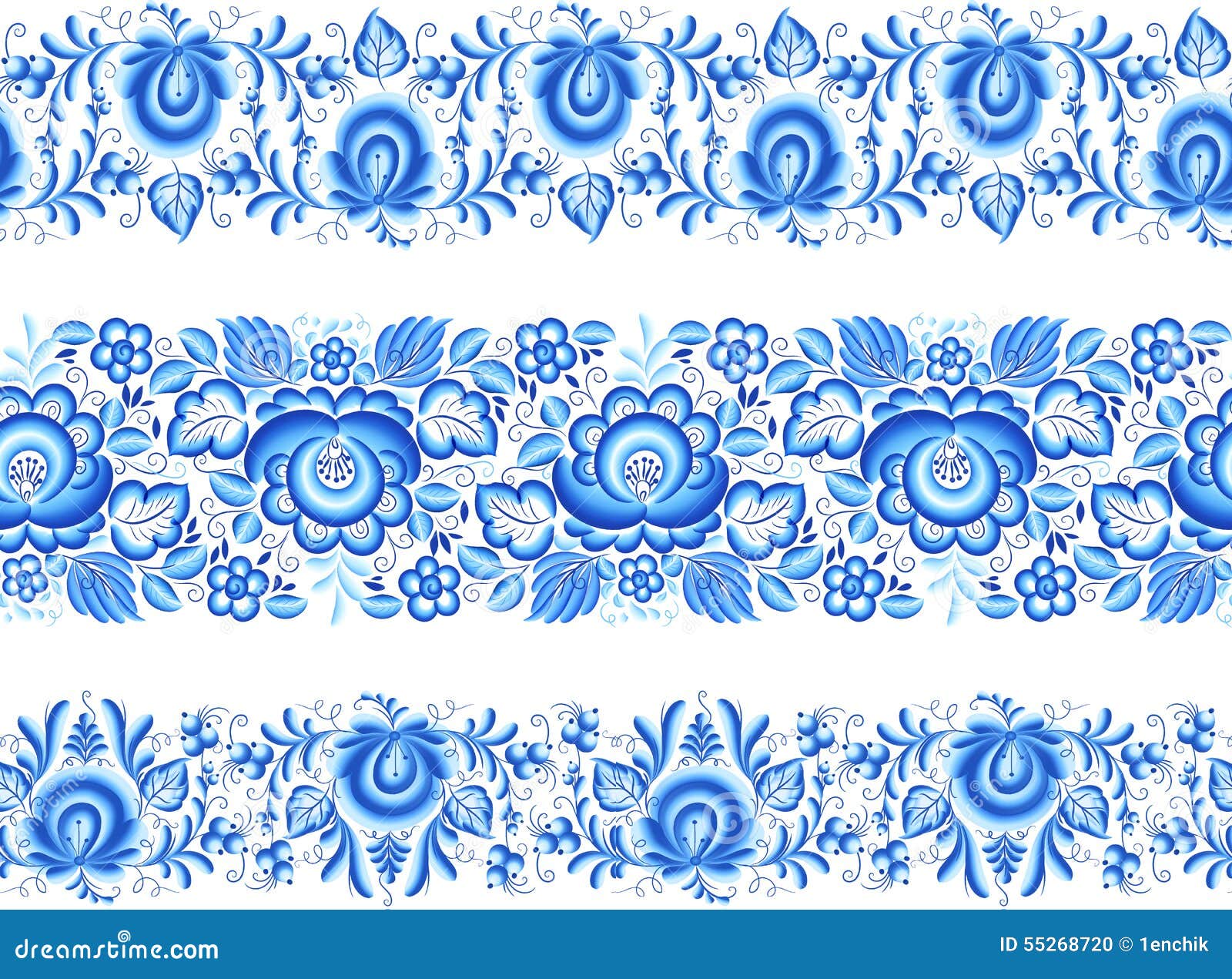 Floral Stripes Seamless Patterns in Gzhel Style Stock Vector ...