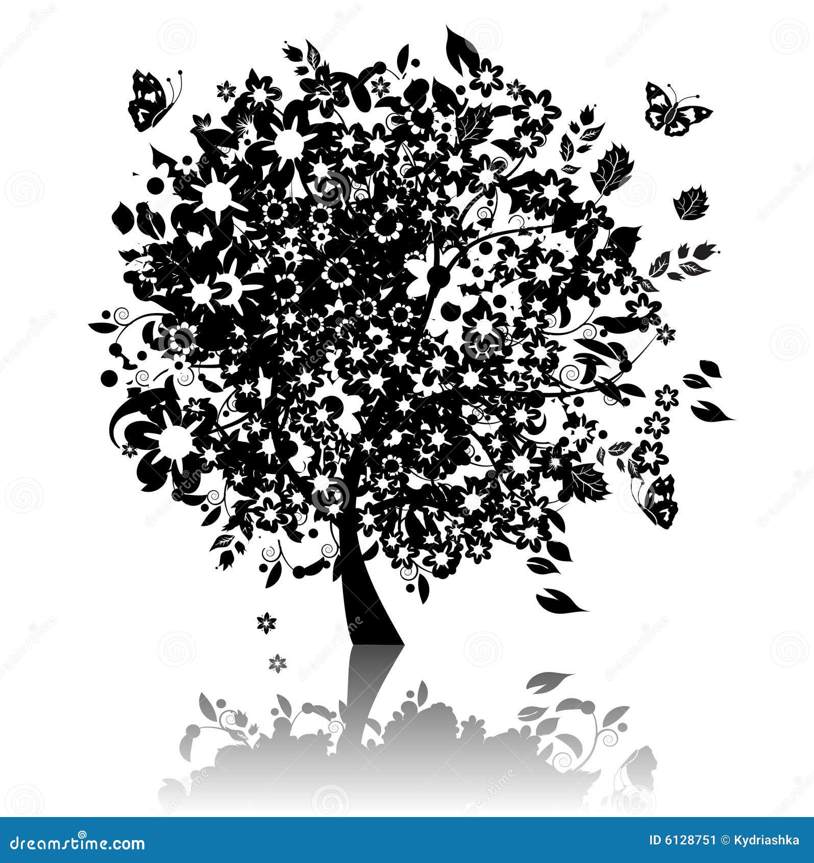 Floral Tree Silhouette Black Stock Vector - Illustration of abstract ...
