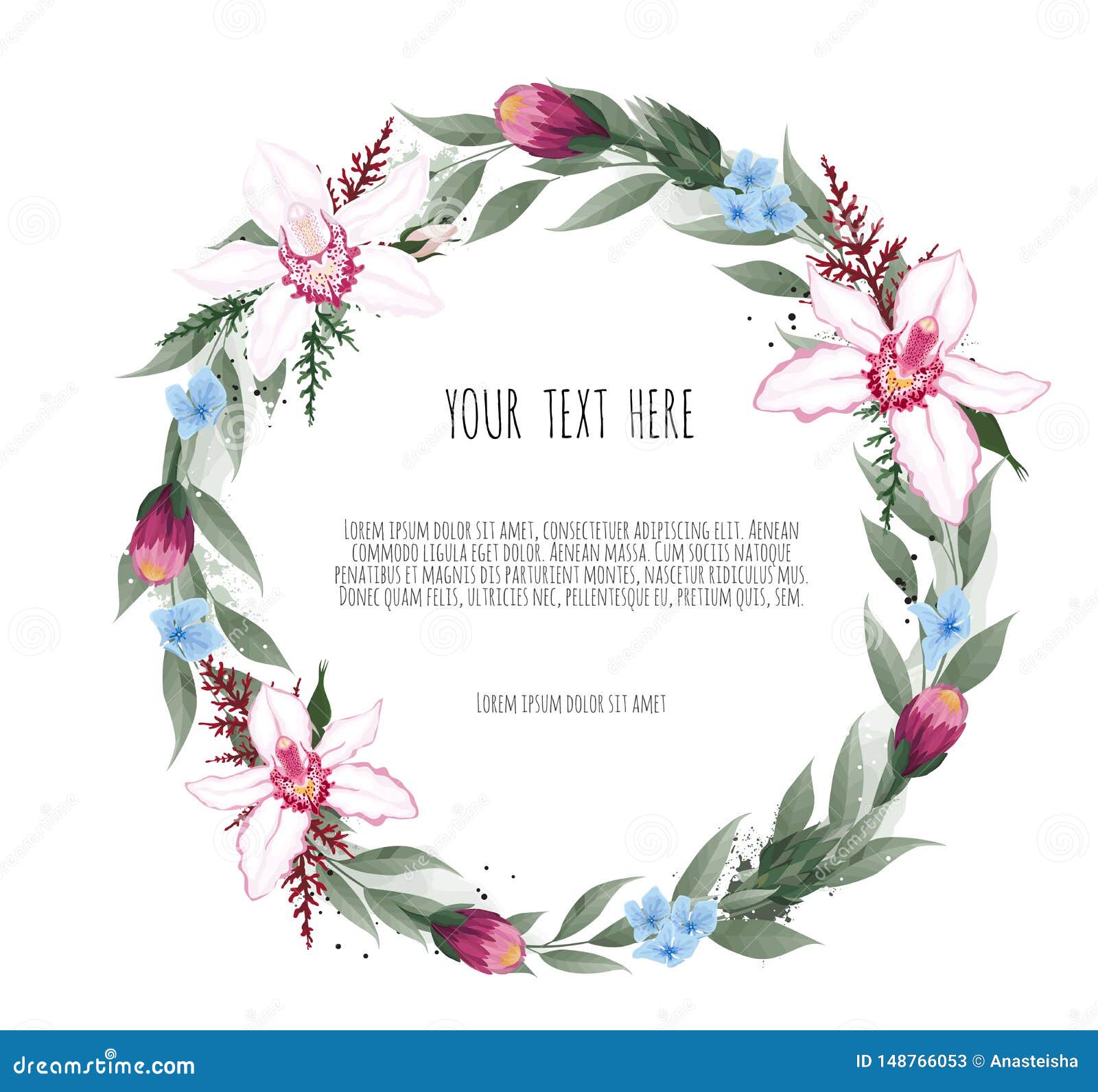 Floral Vector Round Frame with Orchid and Garden Flowers Stock Vector ...