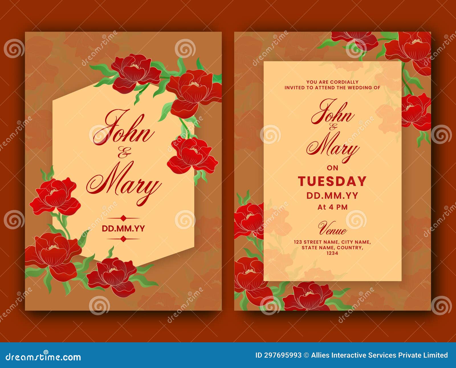 Floral Wedding Invitation Card with Venue Details in Front and Back ...