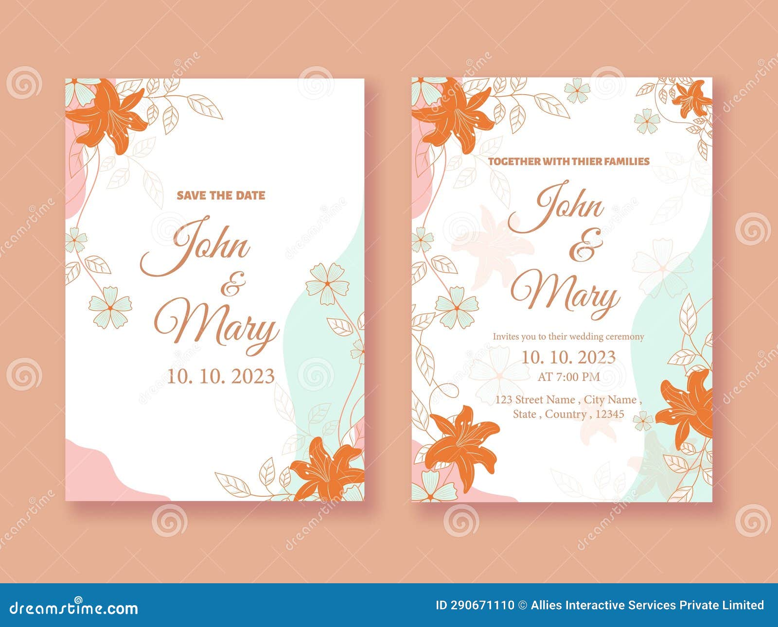 Floral Wedding Invitation Cards Design in Front and Back Stock ...