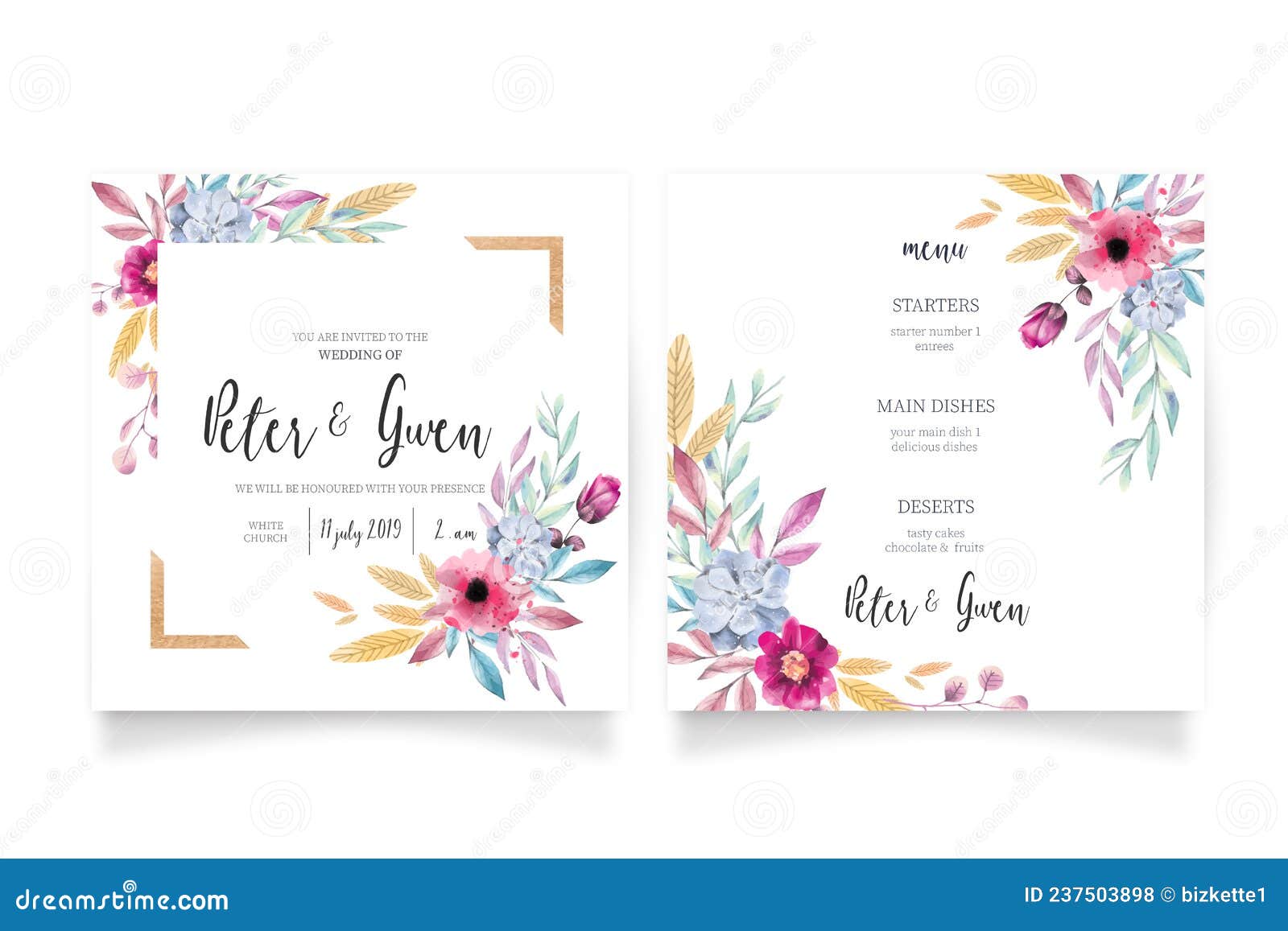 Floral Wedding Invitation with Menu Template Vector Illustration Stock ...
