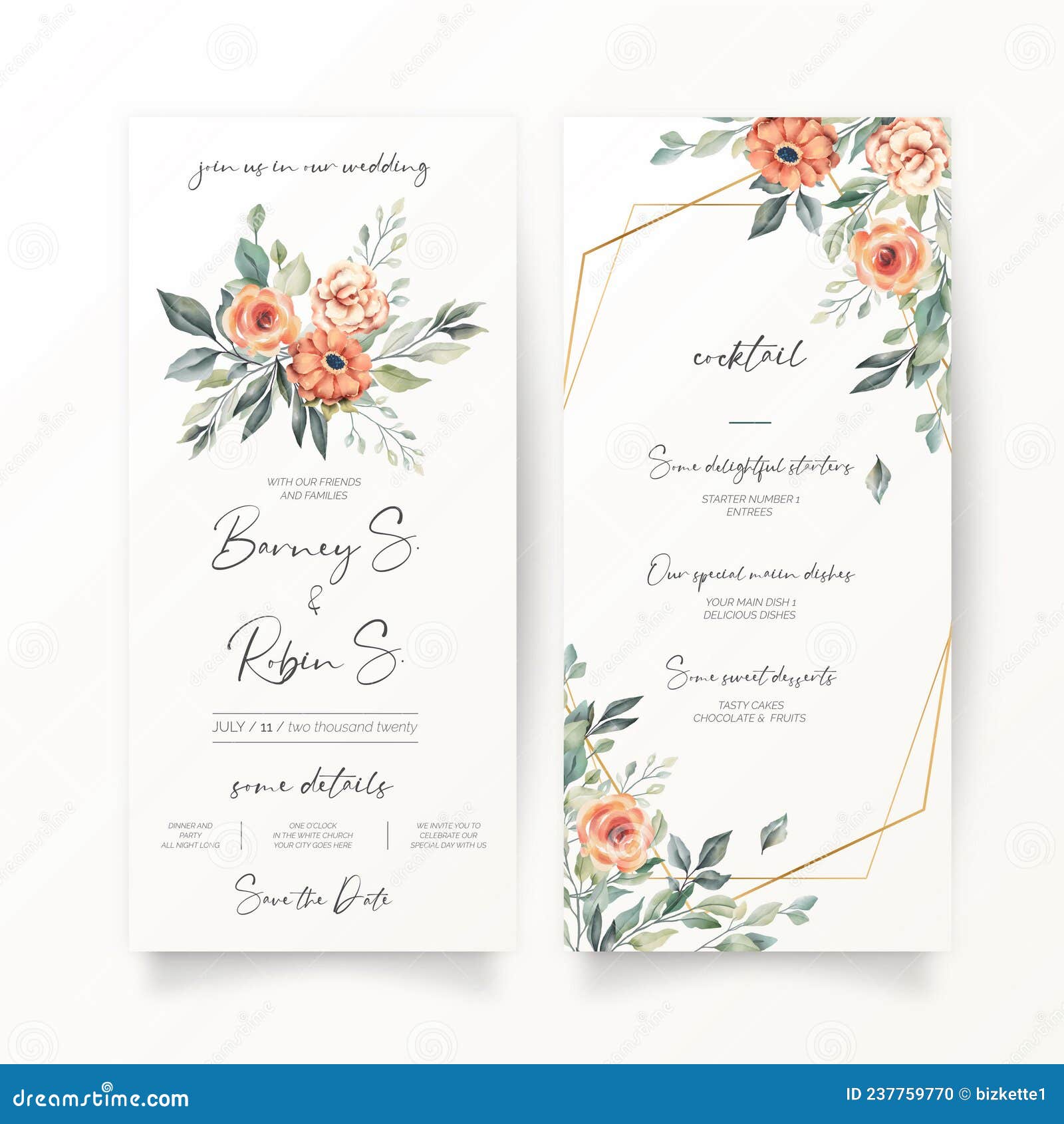 Floral Wedding Invitation with Menu Template Vector Illustration Stock ...