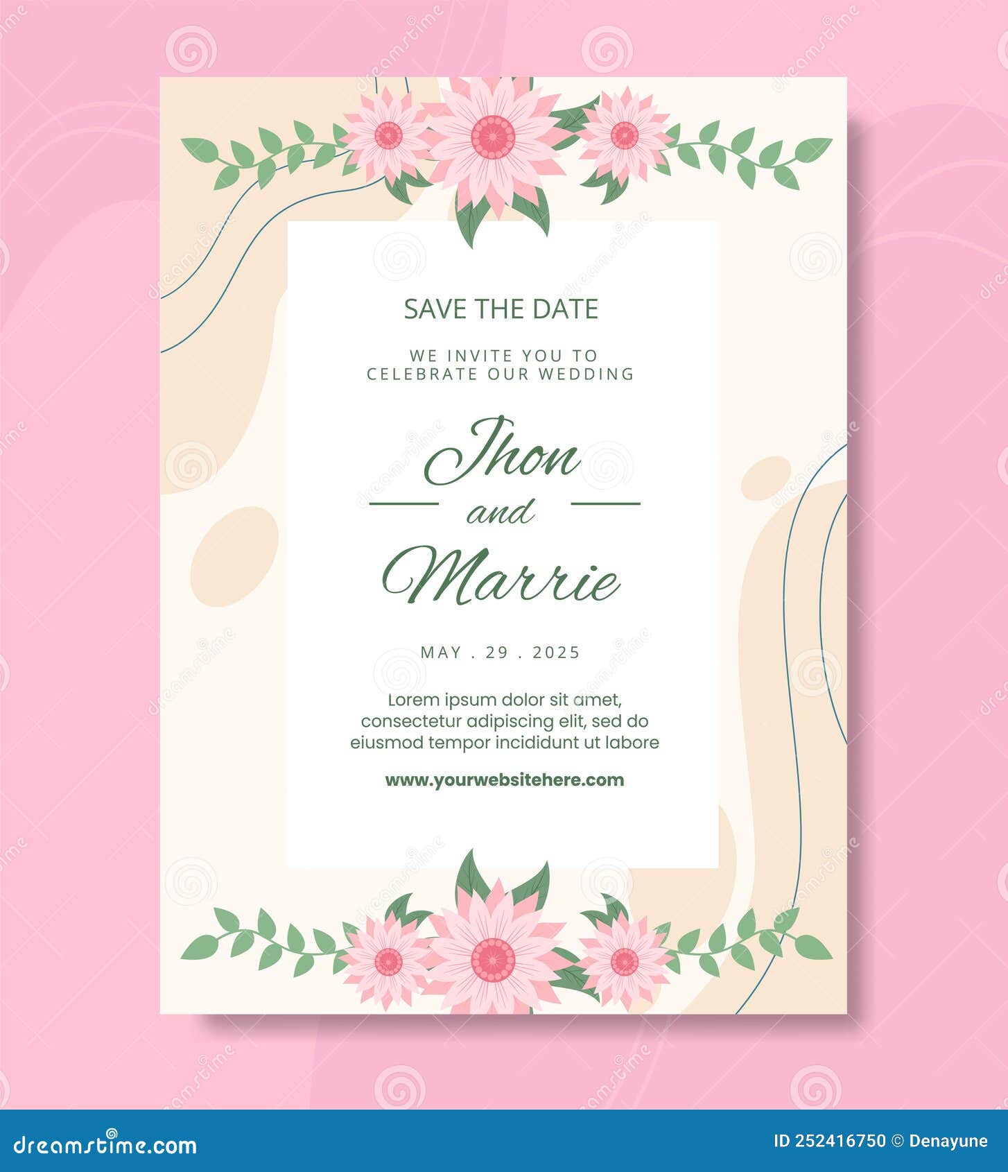 Floral Wedding Invitation Template Flat Cartoon Background Vector ...
