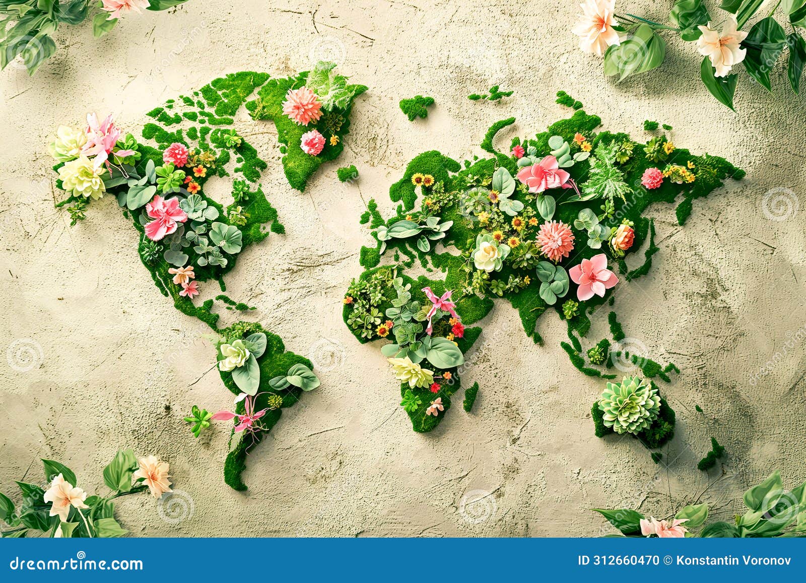 Floral World Map on Sandy Texture Symbolizing Eco Conservation Stock ...