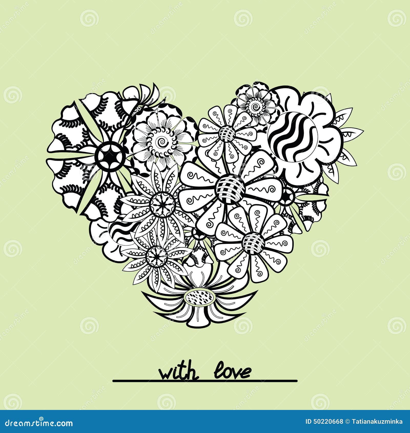 Floral Zentangle Heart Object in Vector. Hand Draw Stock Vector ...