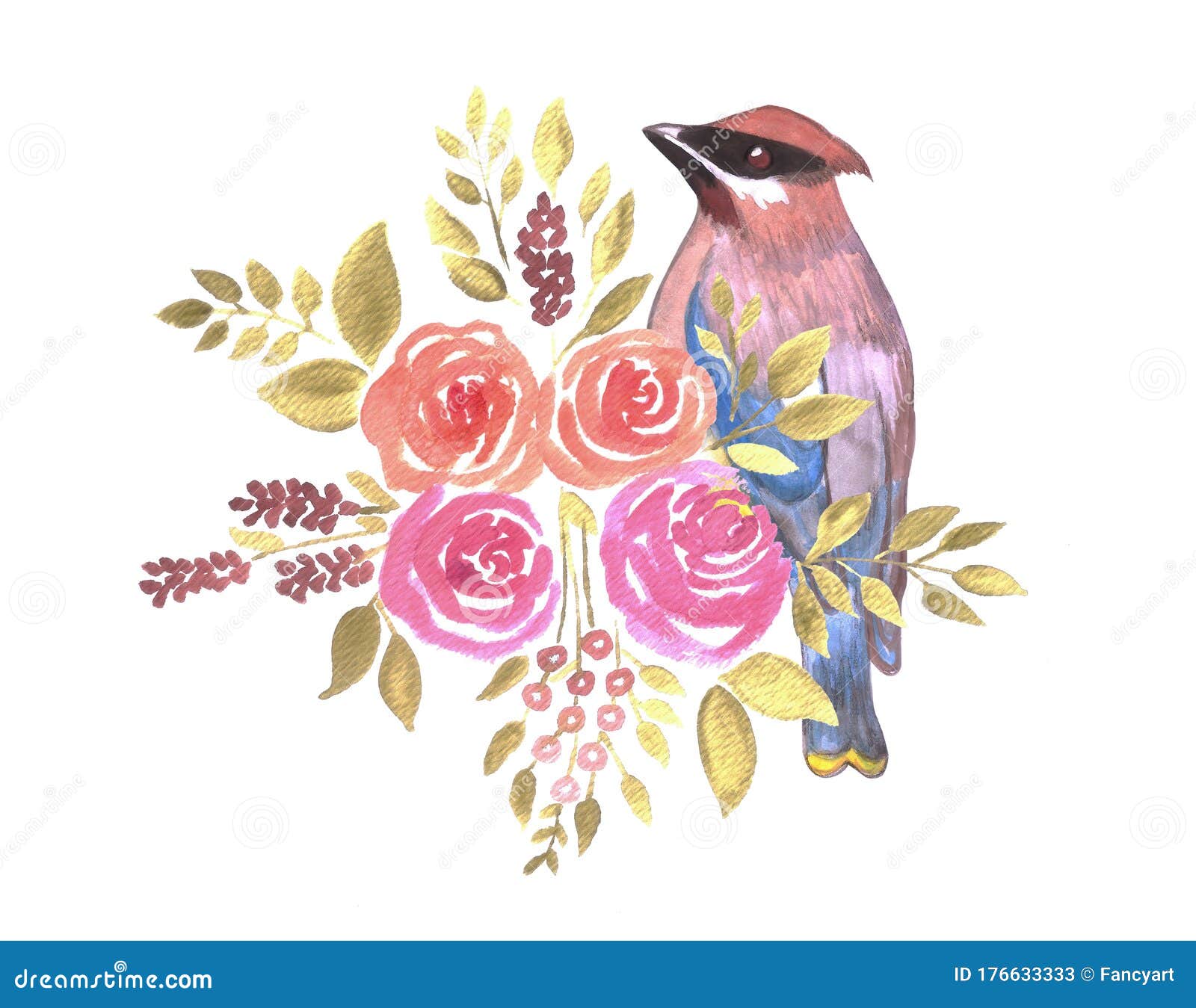 Flores Acuarelas Y Ave De Cedro Encerada Ilustración del Vector ...