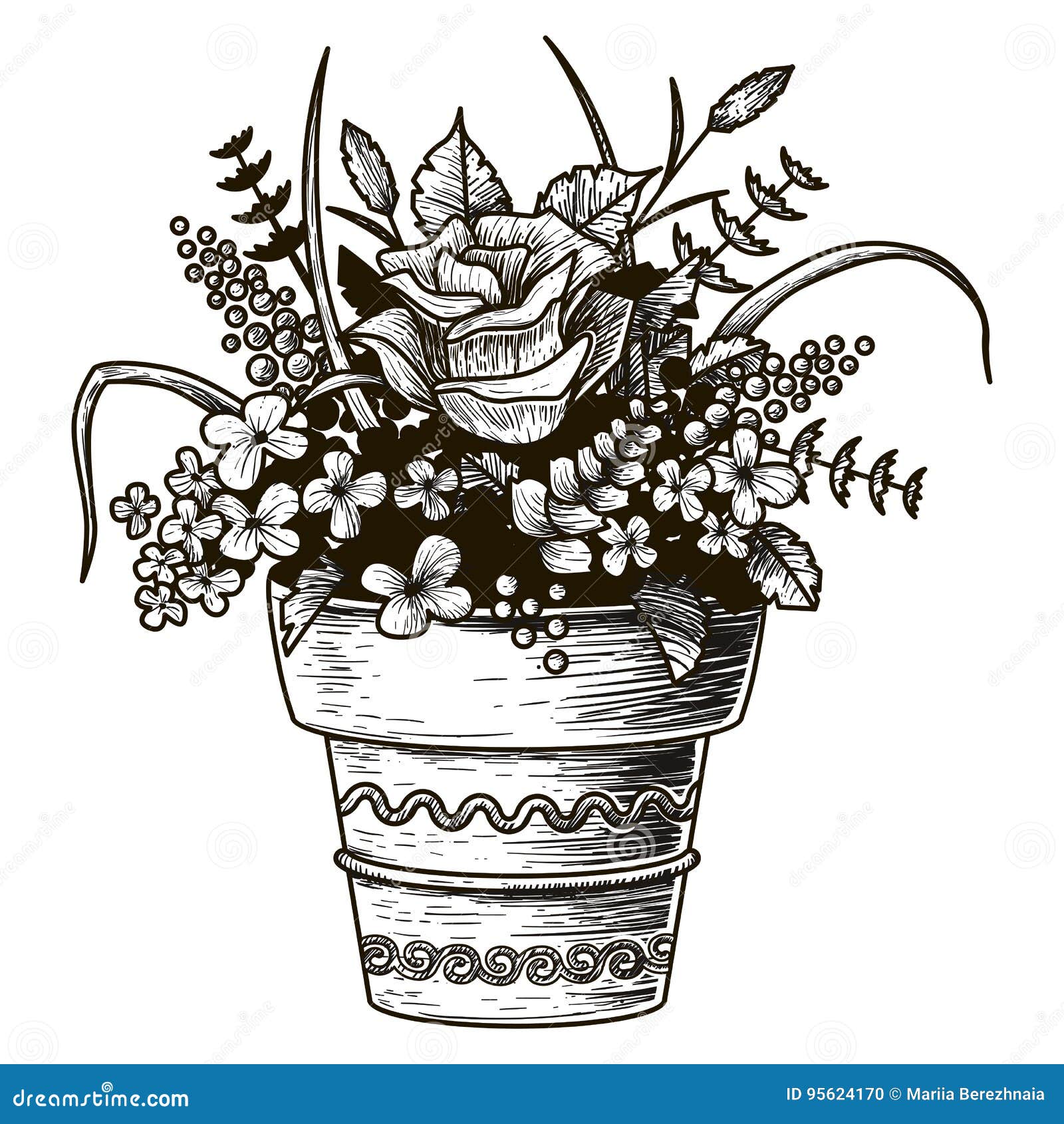 Flores En Un Crisol Ejemplo Del Bosquejo Vector Aislado Ilustración del ...
