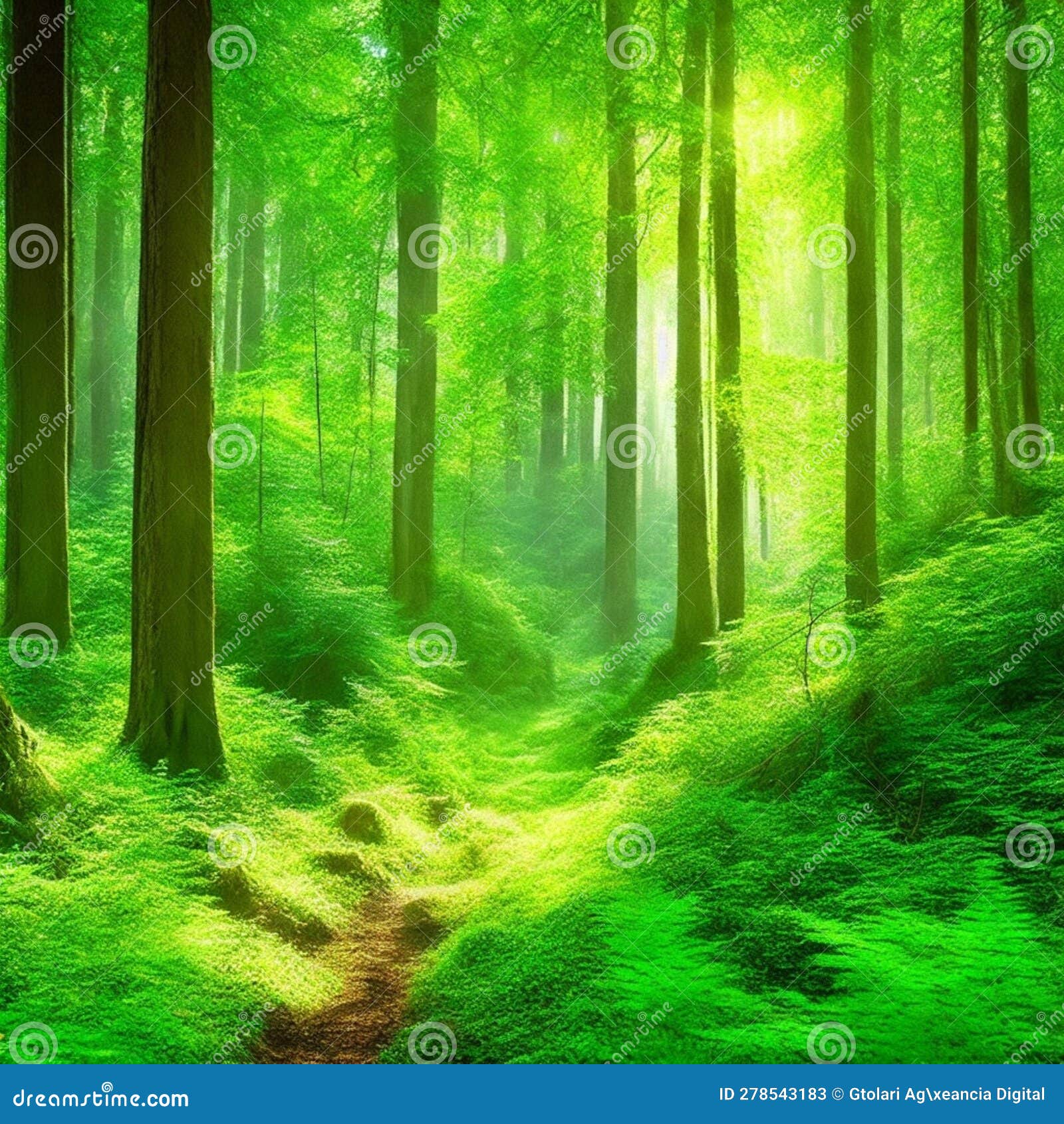Dense Forest with Sunlight Falling on the Trees Stock Illustration ...