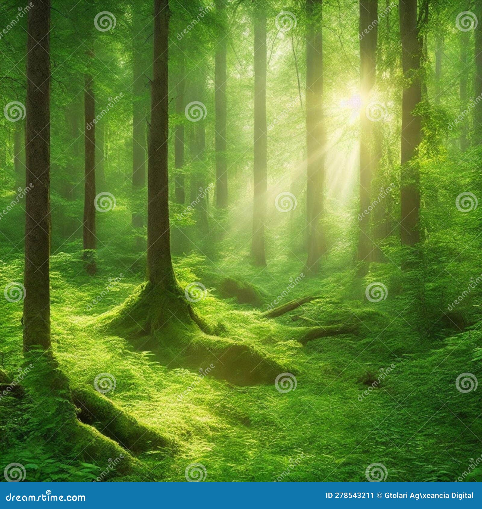 Dense Forest with Sunlight Falling on the Trees Stock Illustration ...
